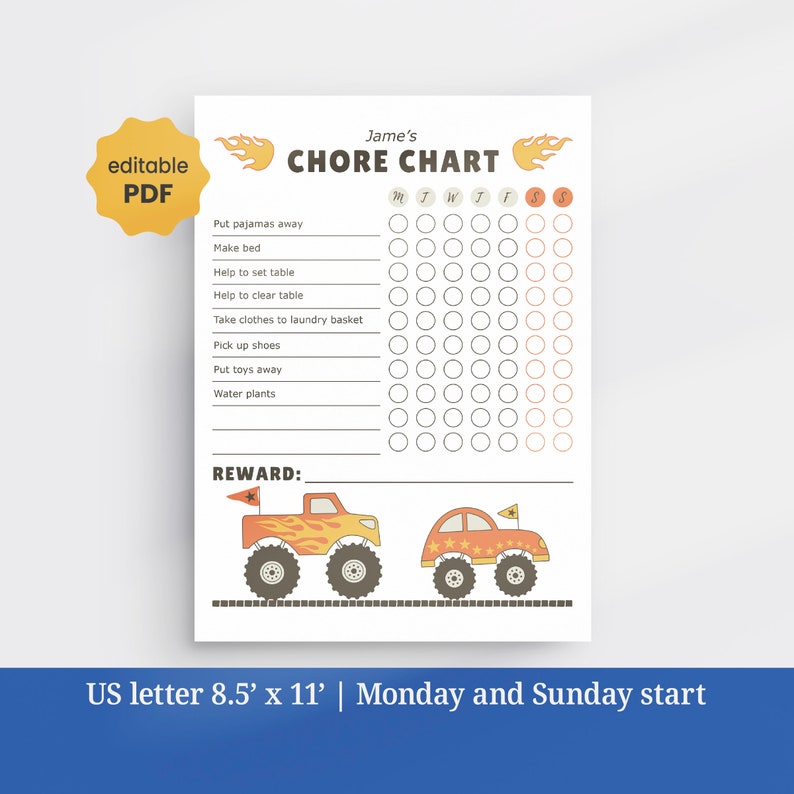 Editable Kids Chore Chart, Responsibility Chore Chart for Kids, Monster ...