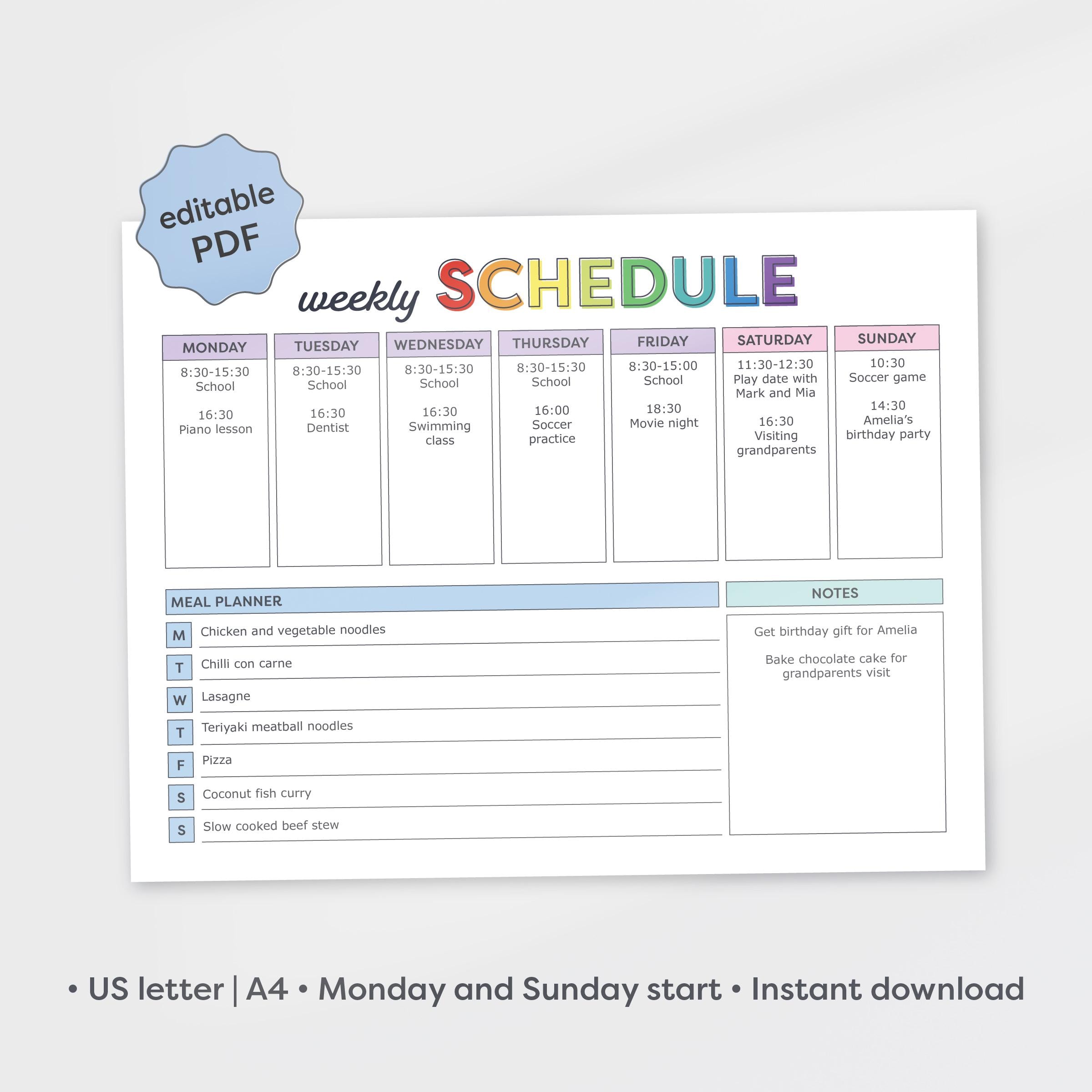 Editable Weekly Schedule Kids With Meal Planner, Kids Weekly Planner ...