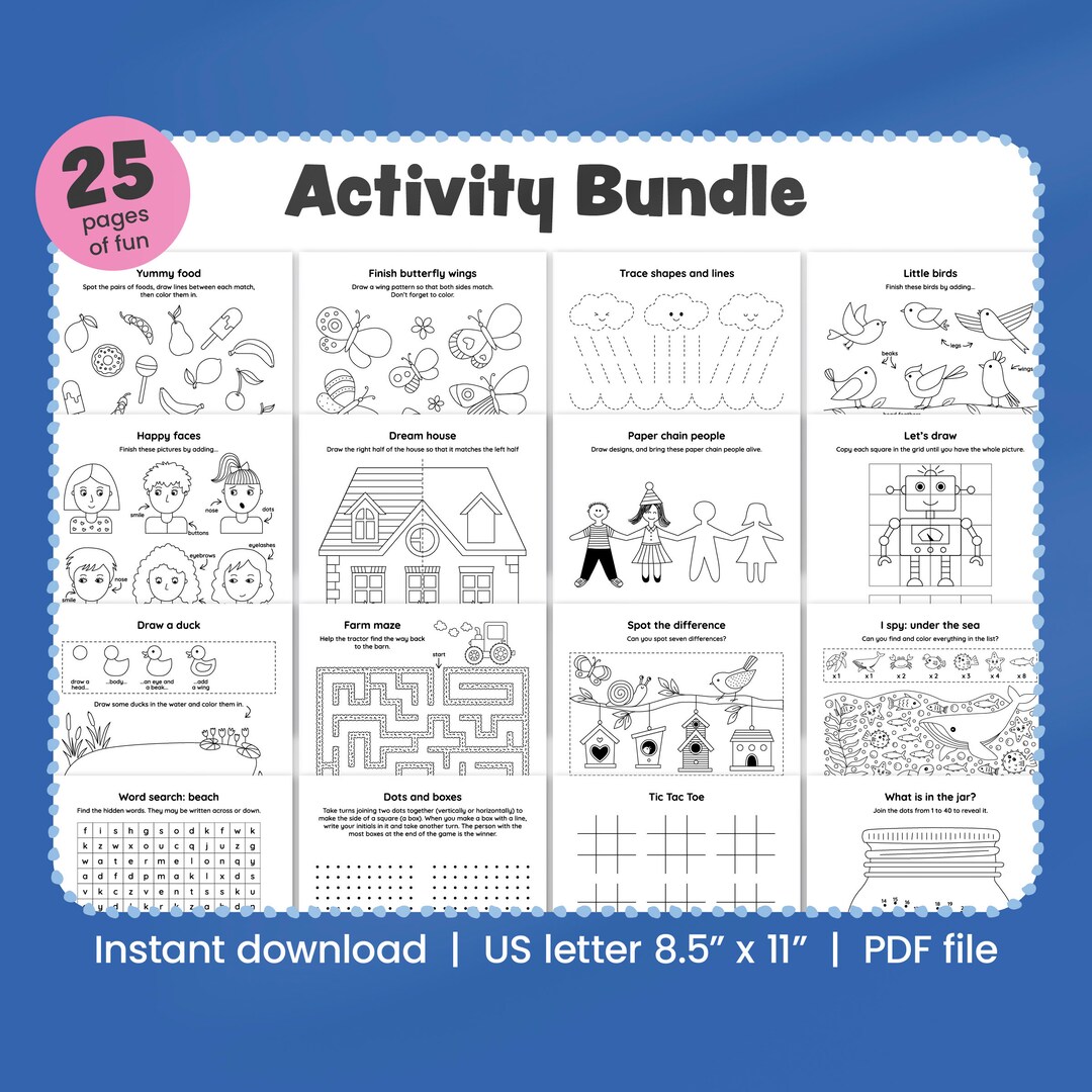 Kids Activity Bundle: 25 Activity Pages of Fun Games, Mazes, Drawing ...