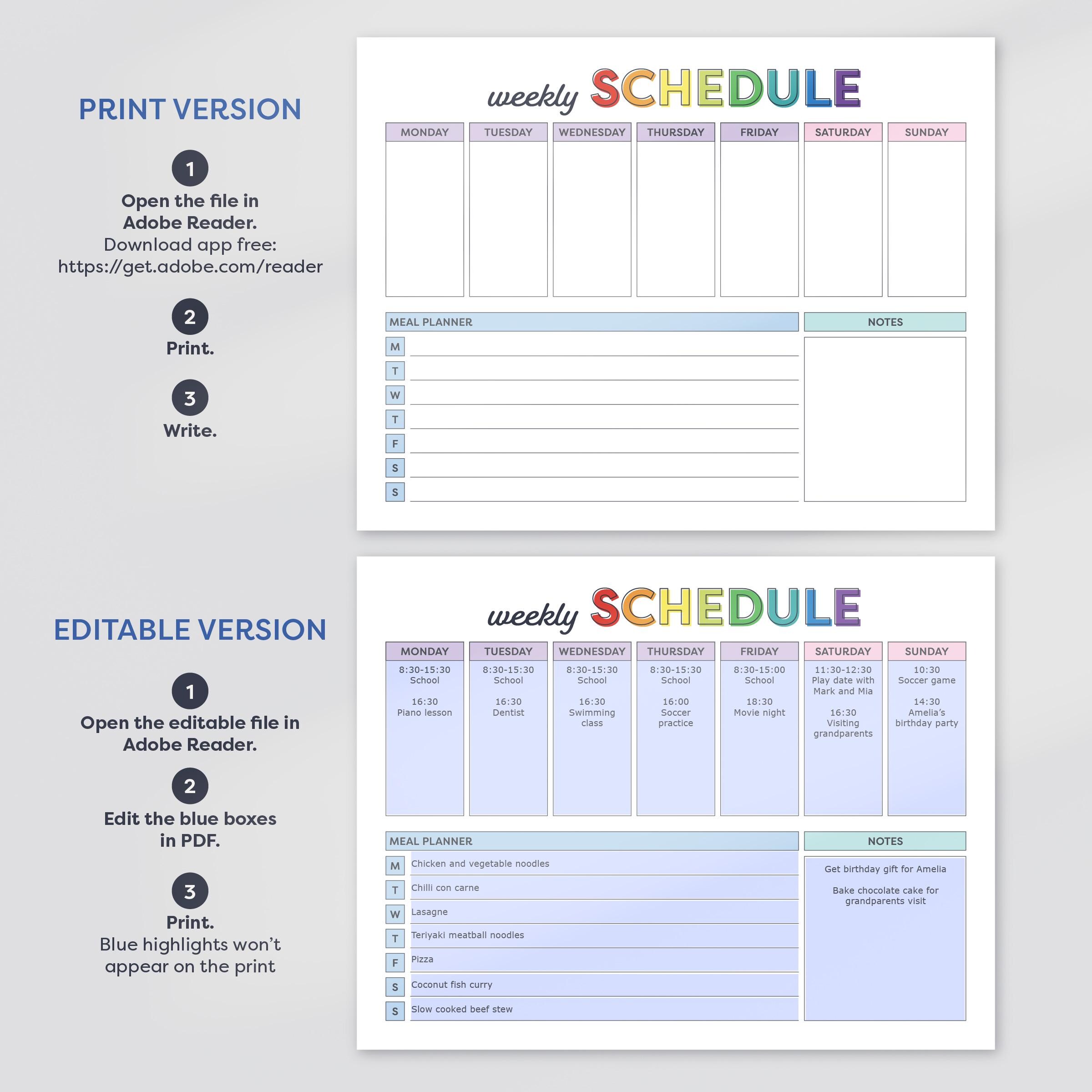 Editable Weekly Schedule Kids With Meal Planner, Kids Weekly Planner ...
