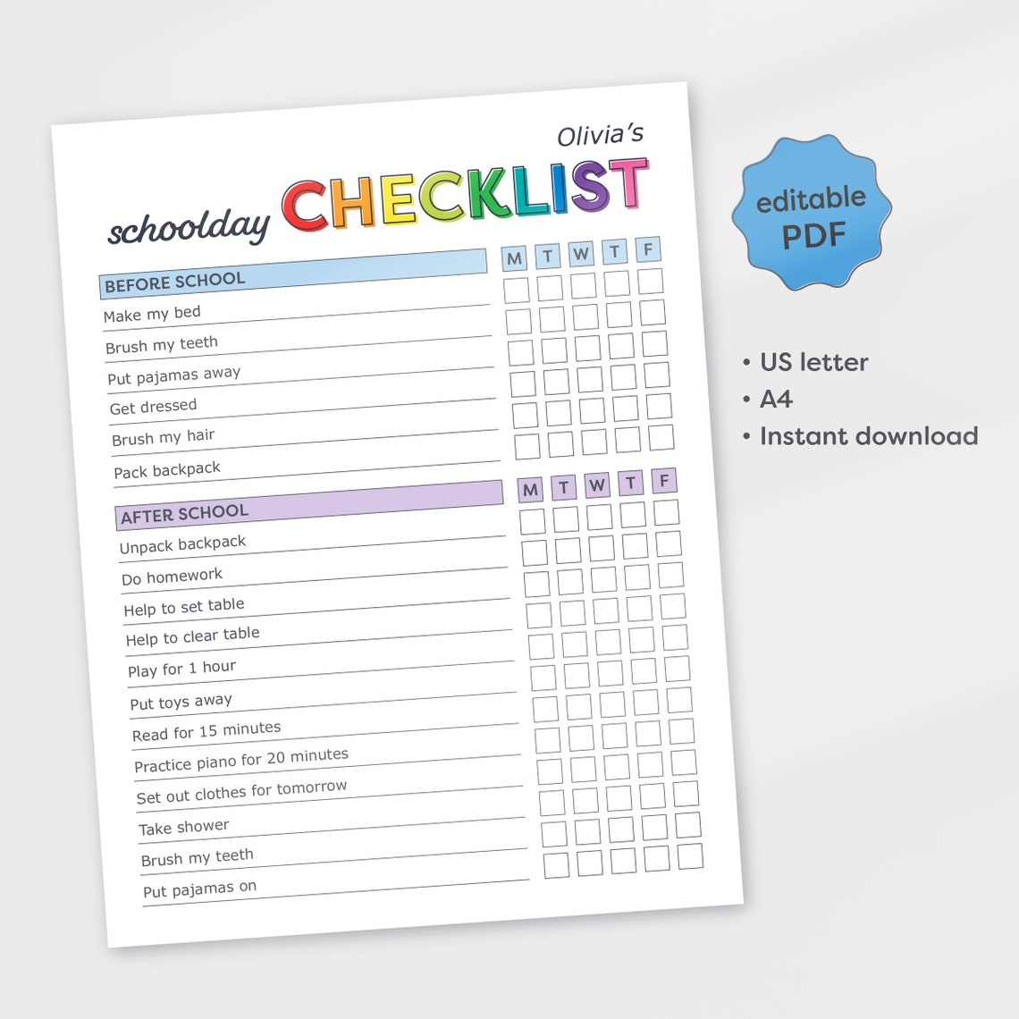 Schoolday Checklist, Editable Daily Routine, Responsibility Chart ...
