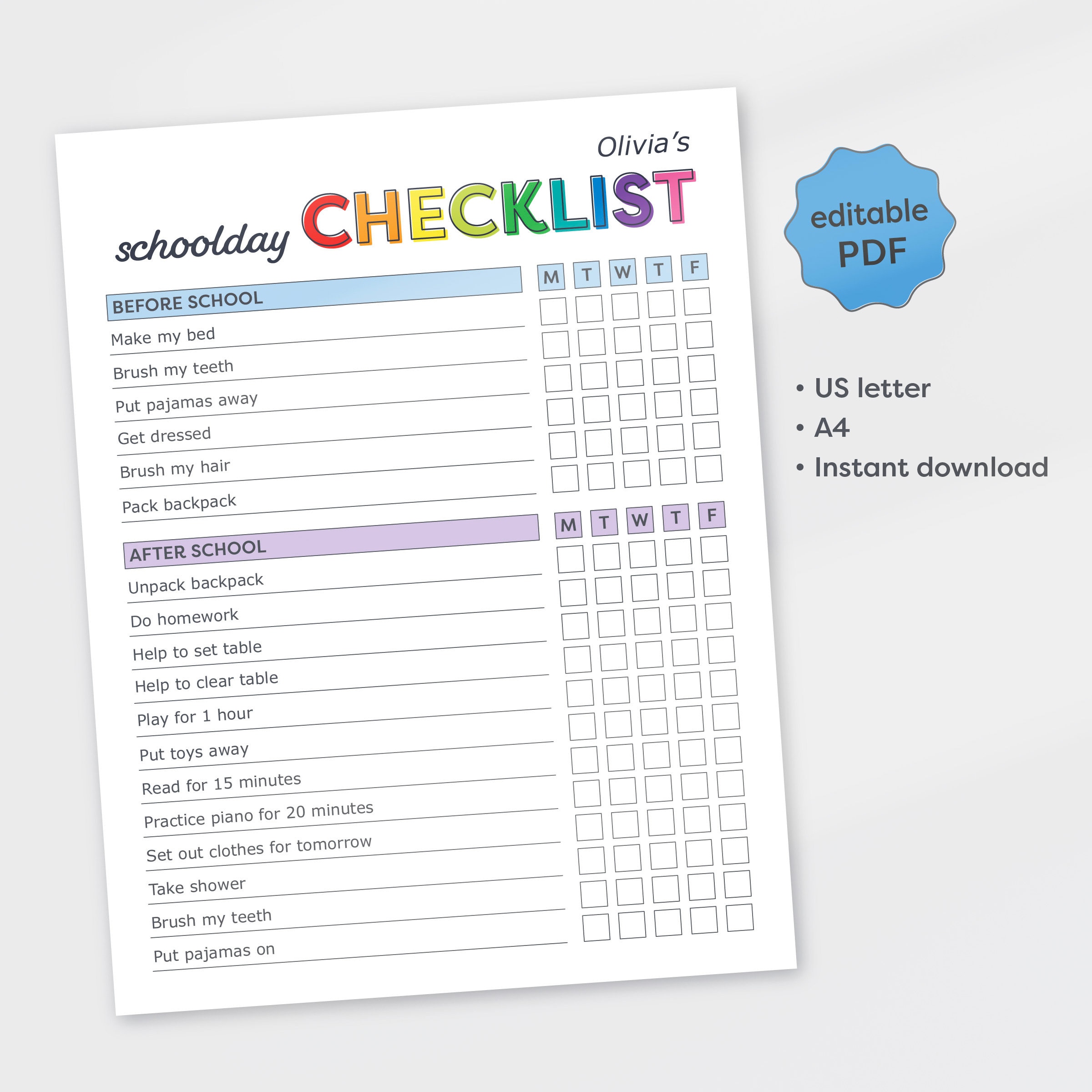 Schoolday Checklist, Editable Daily Routine, Responsibility Chart ...