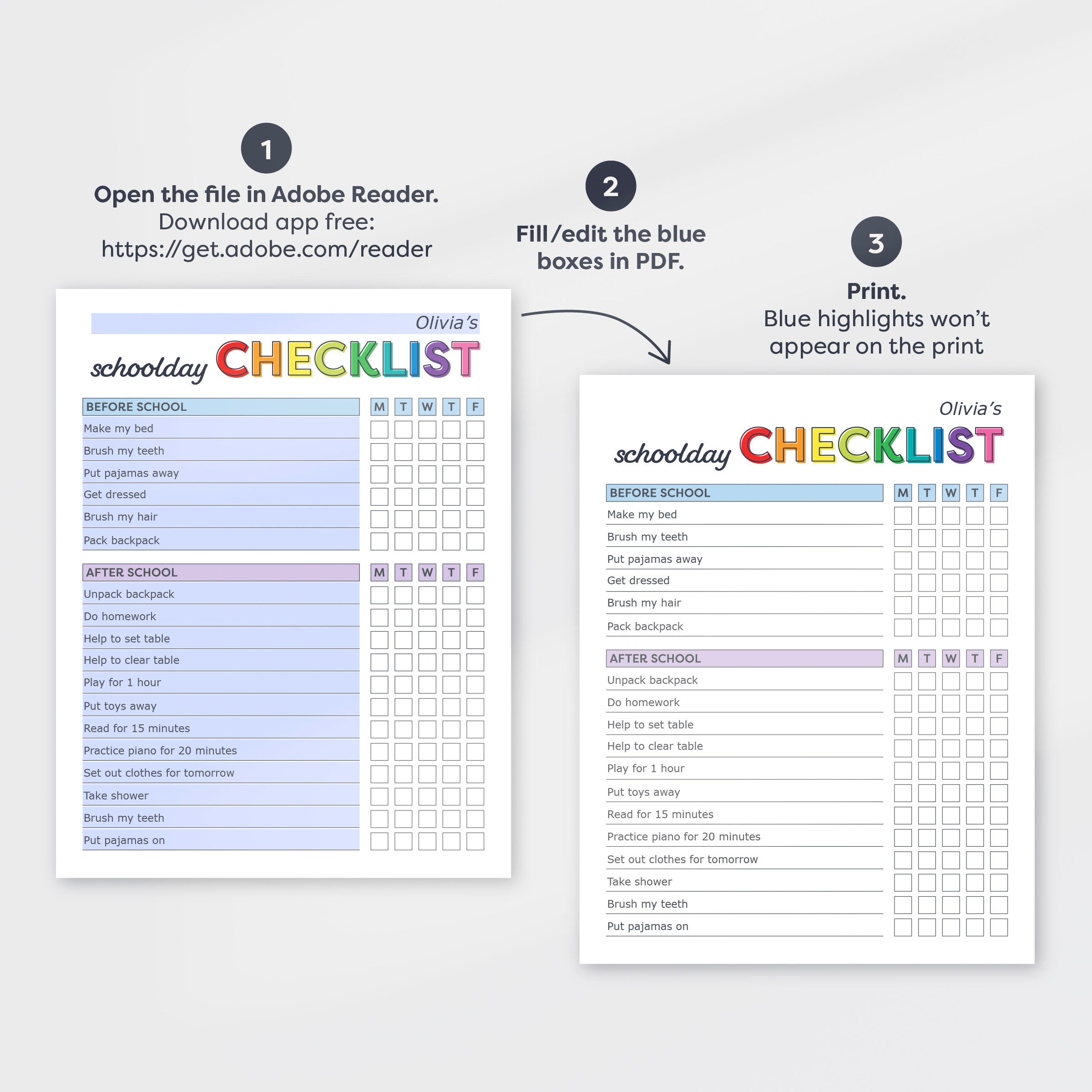 Schoolday Checklist, Editable Daily Routine, Responsibility Chart ...