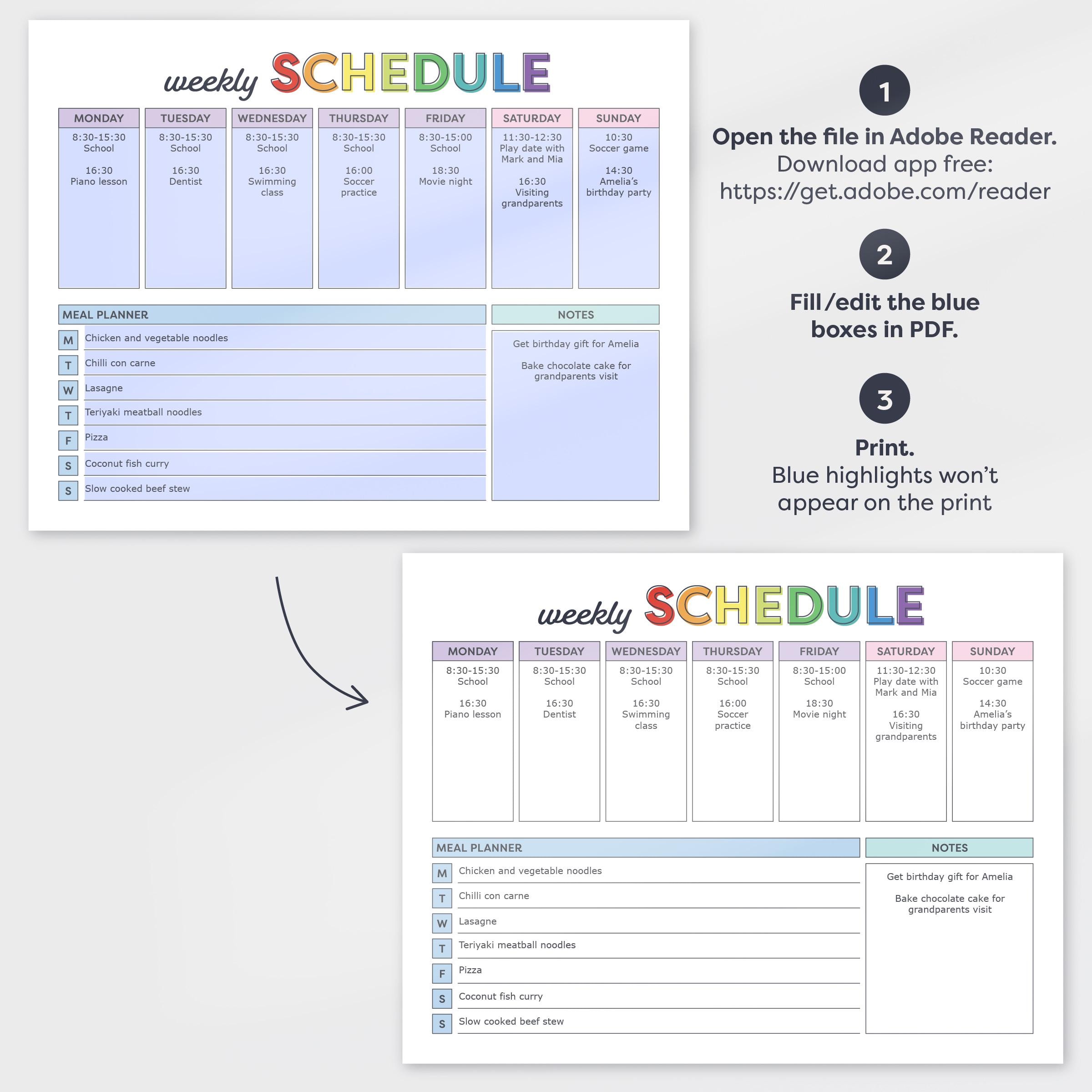 Editable Weekly Schedule Kids With Meal Planner, Kids Weekly Planner ...