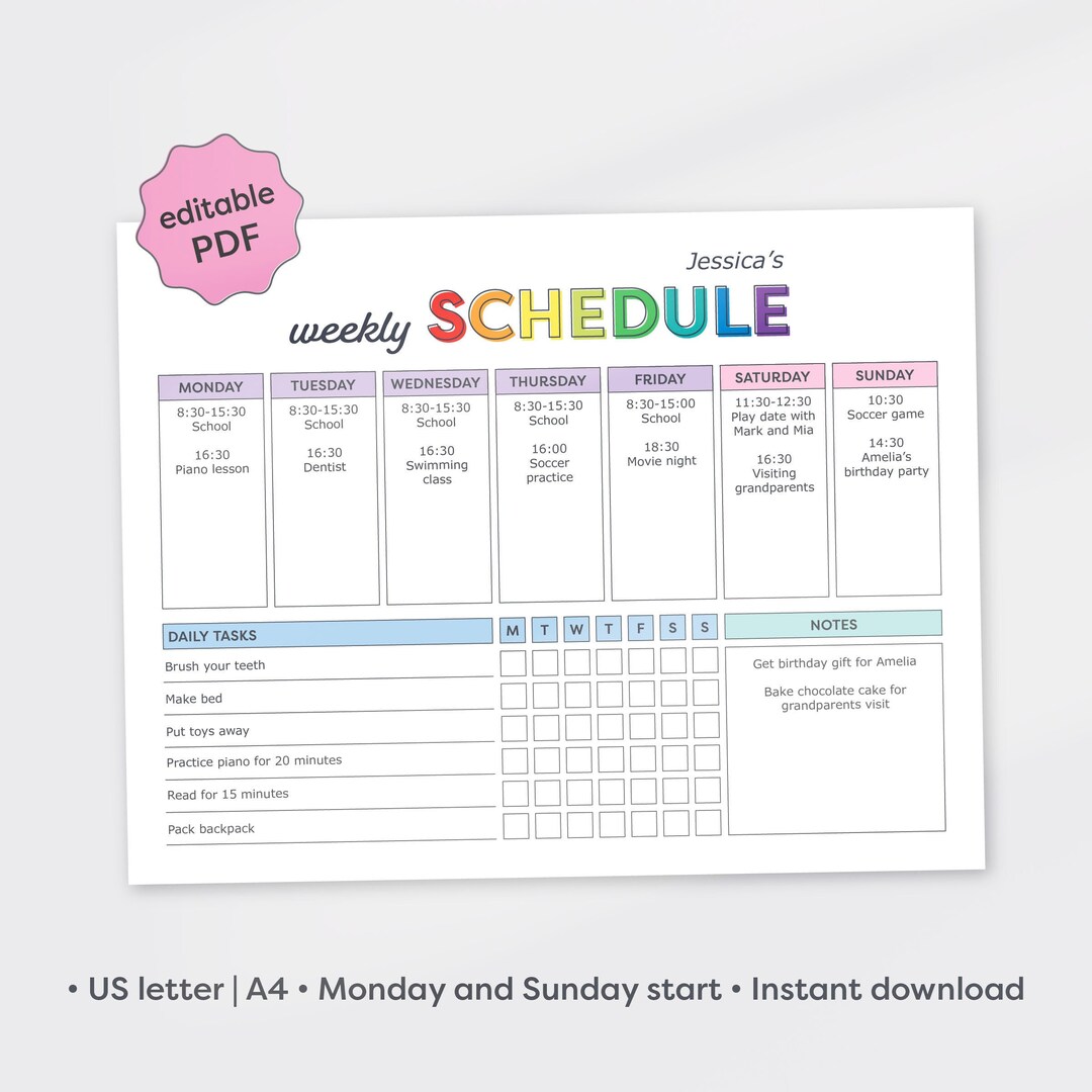 Editable Weekly Schedule Kids, Kids Weekly Planner Printable, Weekly ...