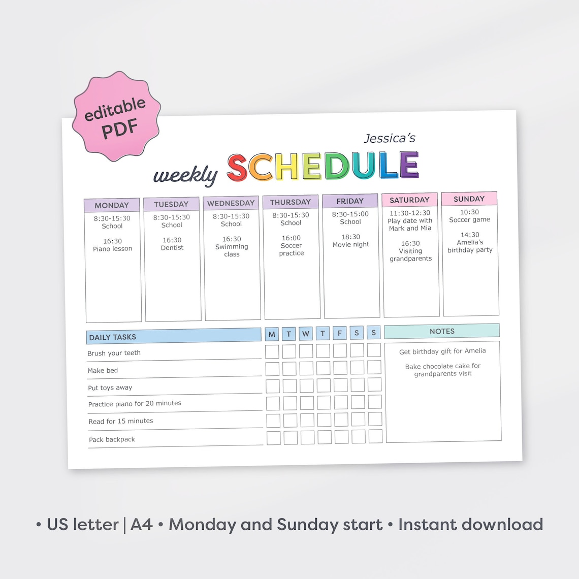 Editable Weekly Schedule Kids, Kids Weekly Planner Printable, Weekly ...