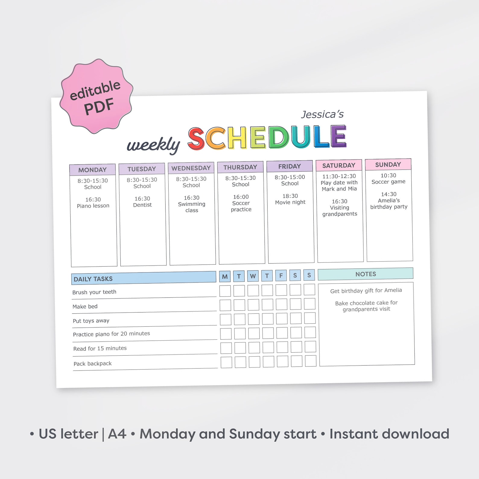 Editable Weekly Schedule Kids, Kids Weekly Planner Printable, Weekly ...