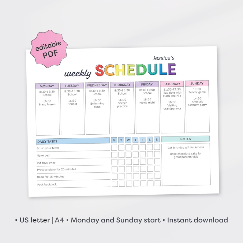 Editable Weekly Schedule Kids, Kids Weekly Planner Printable, Weekly ...