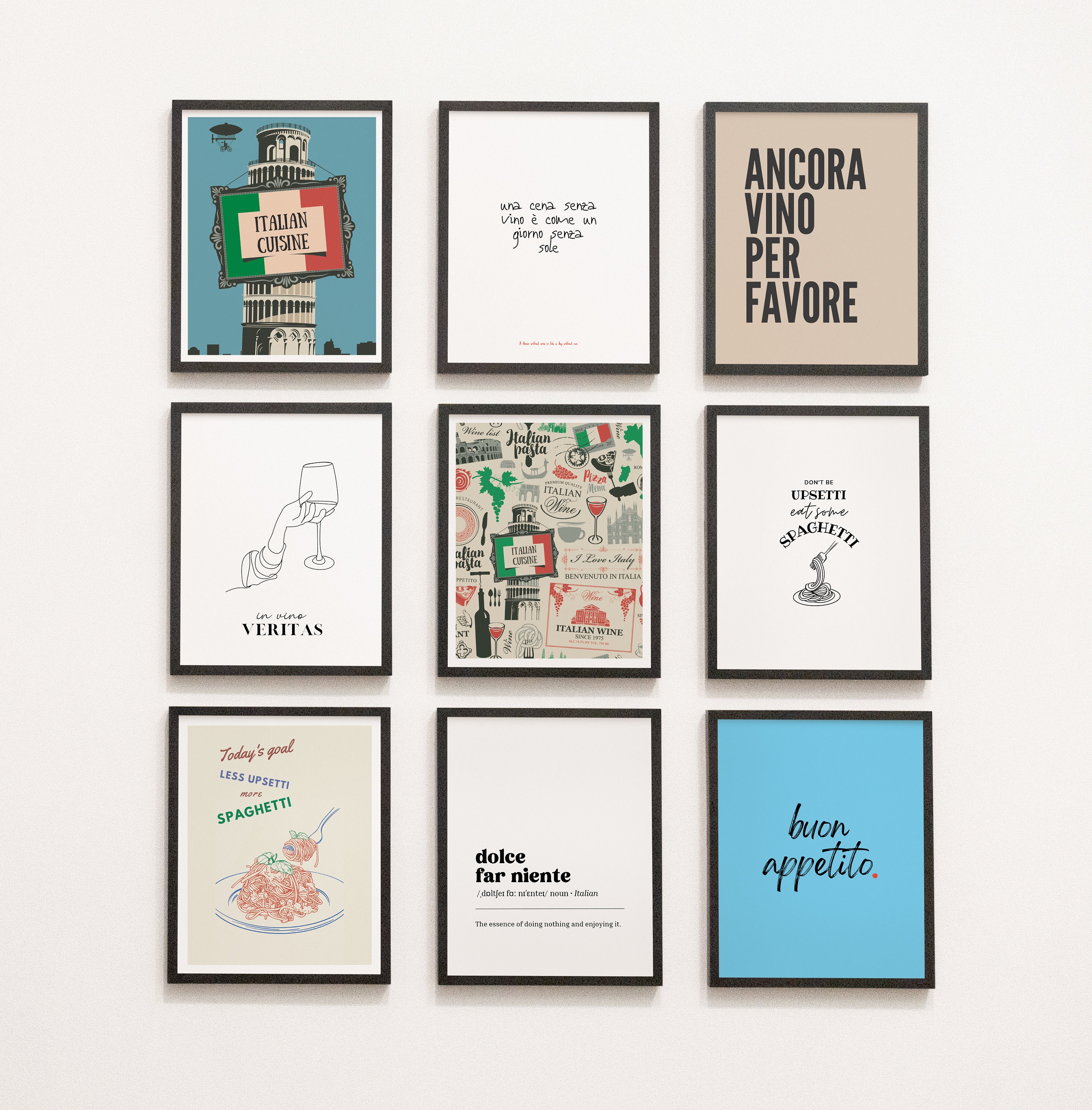 Set of 9 Italian Food Print, Italian Wall Art Bundle, Italian Quote ...