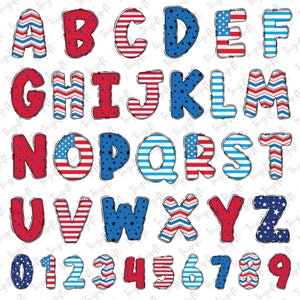 4th of July Alphabet Letter Png Bundle, America Font Doodle Letters Png ...