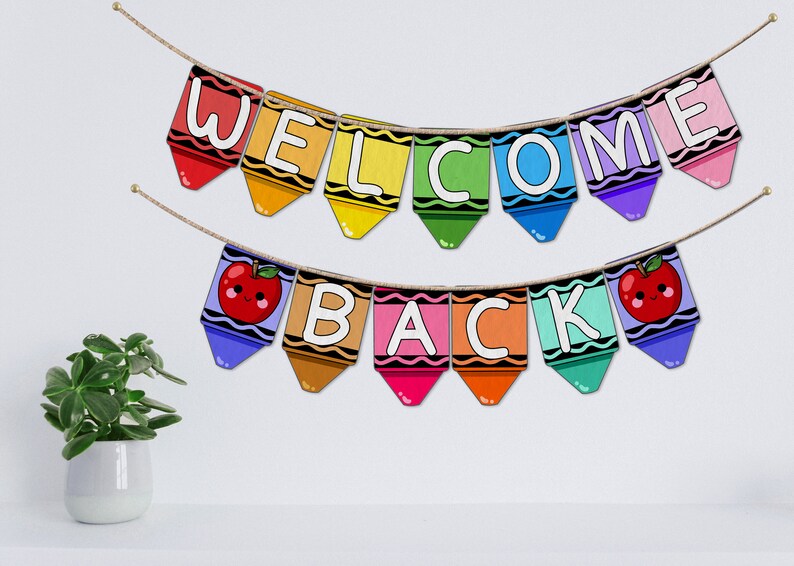 Printable Welcome Back Banner, Crayon Theme, Colorful, Back to School ...