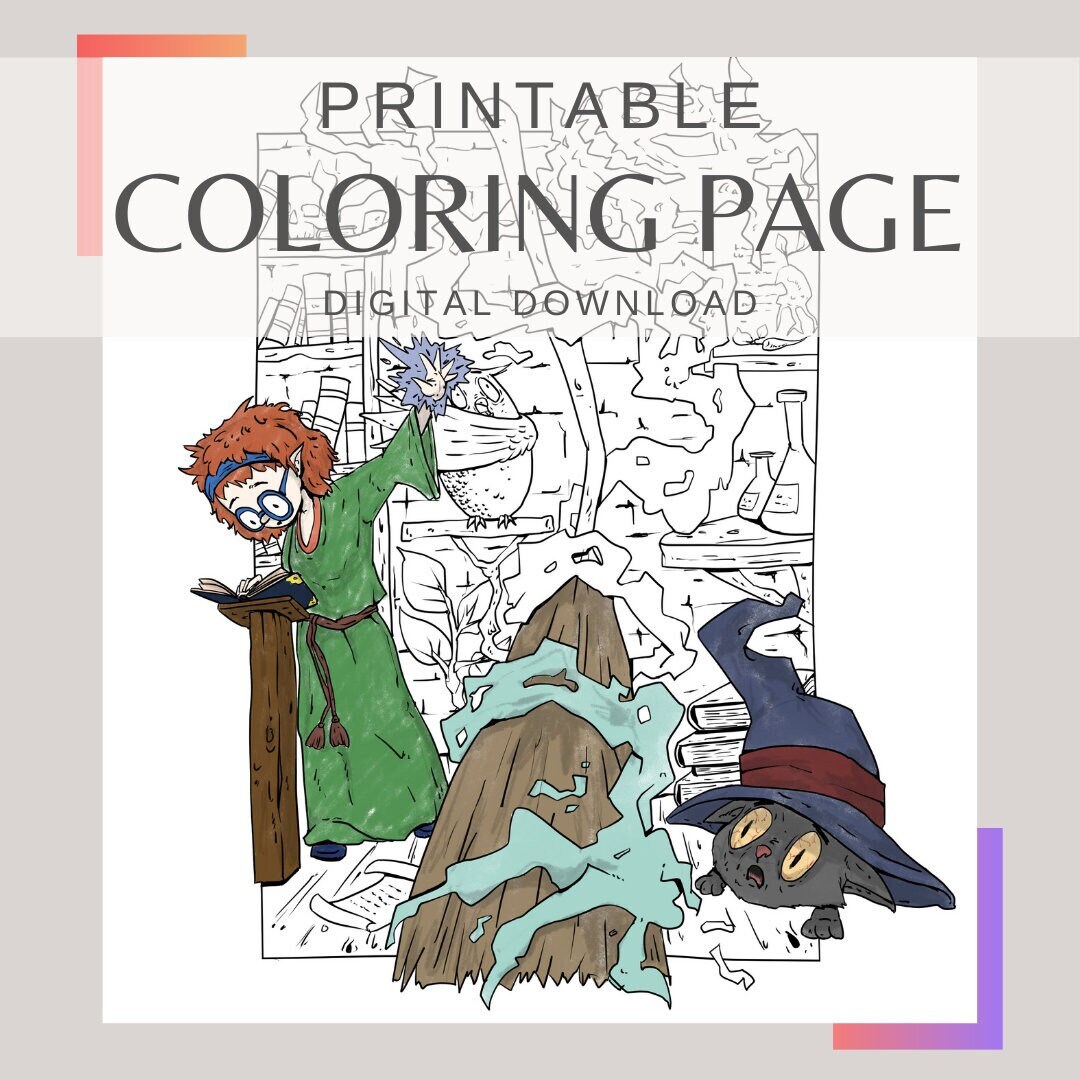 Elf Witch and Cat Warlock, Printable Coloring Page, Witchy Art, Digital ...