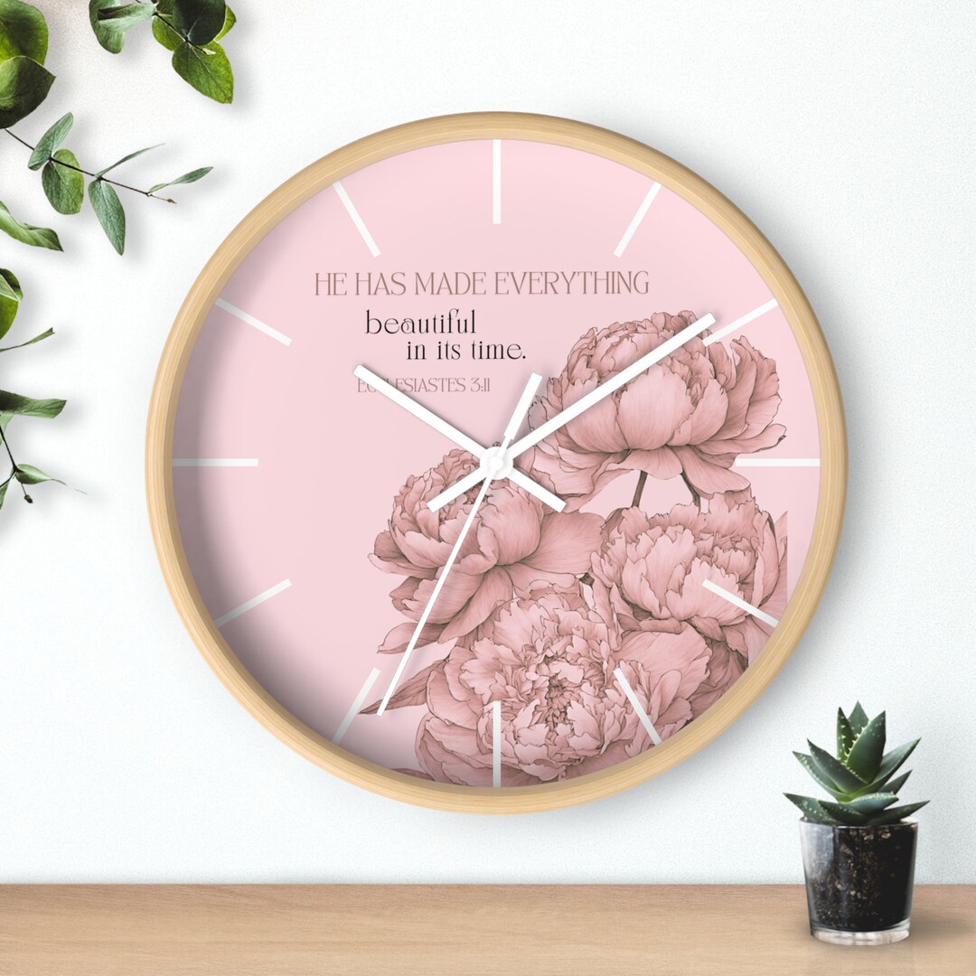Christian Wall Clock Floral Bible Verse Pink Peony Flowers, He Has Made ...