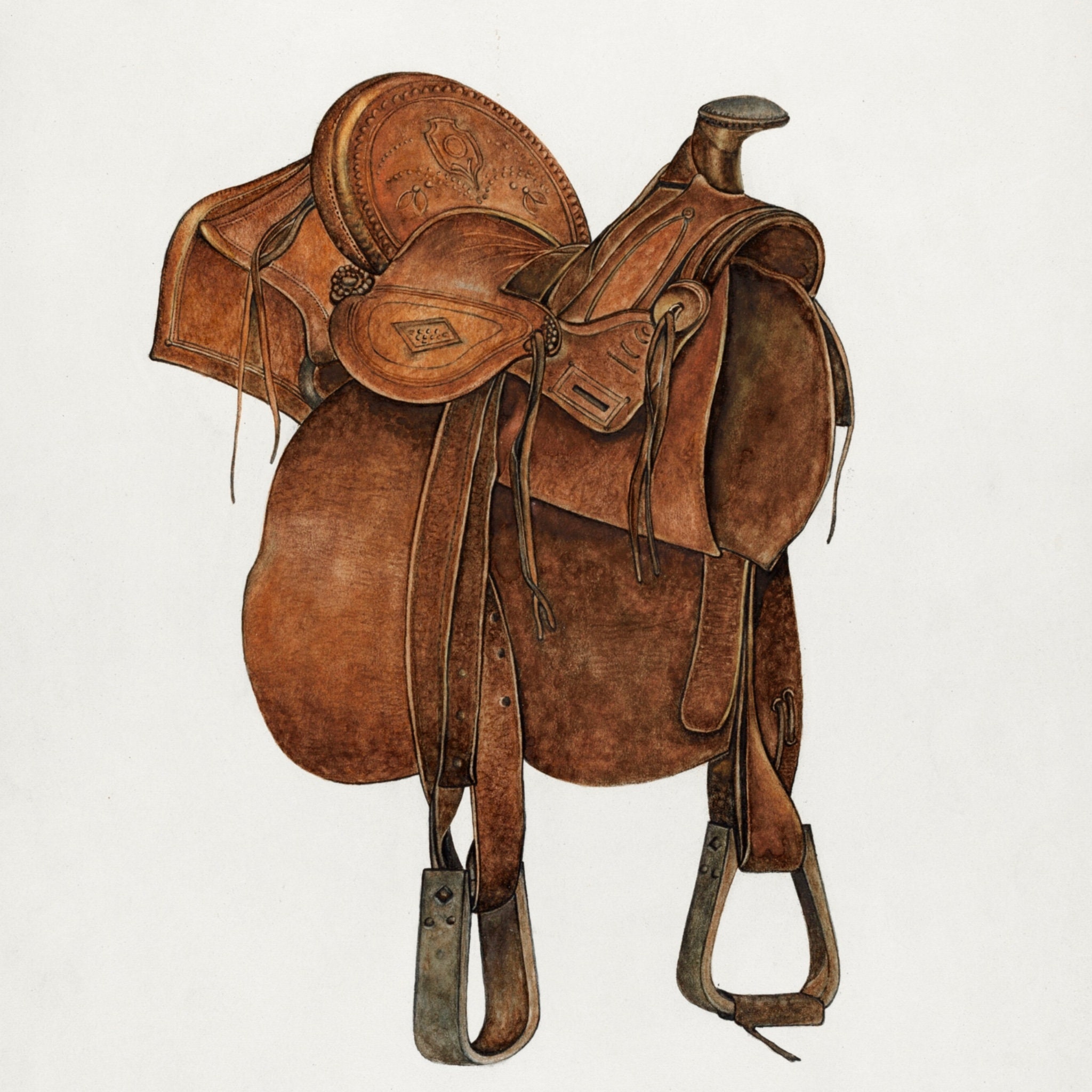 Antique Western Saddle Illustration, Vintage Watercolor Print, Vintage ...