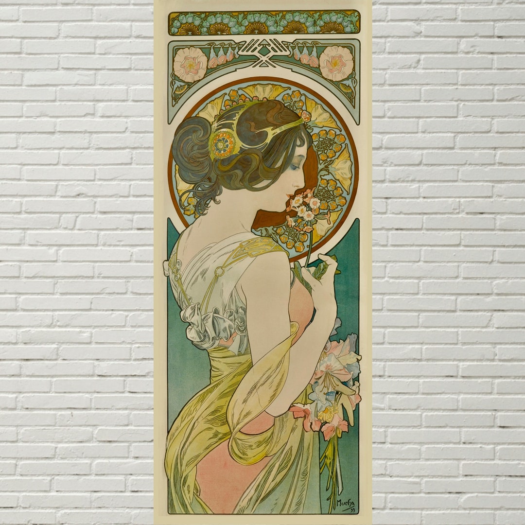 Art Deco Woman, Primrose, Alphonse Mucha Poster, Teal Green, Peach, Yellow, Art Nouveau Poster ...