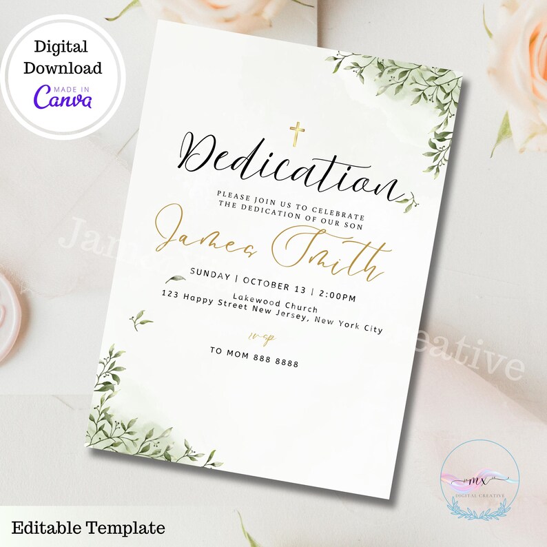 Boy Dedication Invitation: Gold Church Invite, Editable Template ...