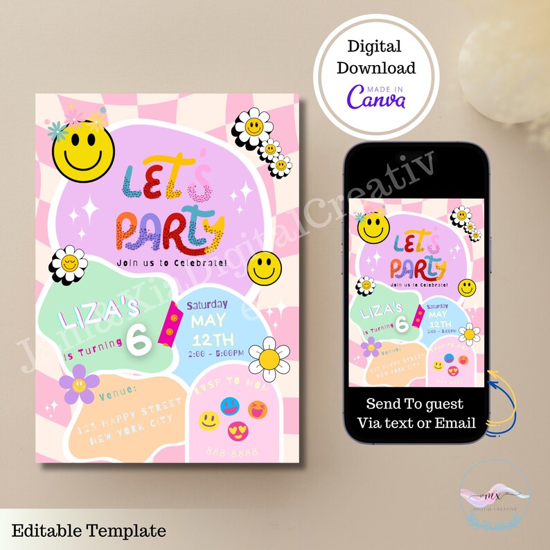 Checkered Smiley Invitation, Smiley Invitation, Smiley, Canva Template ...