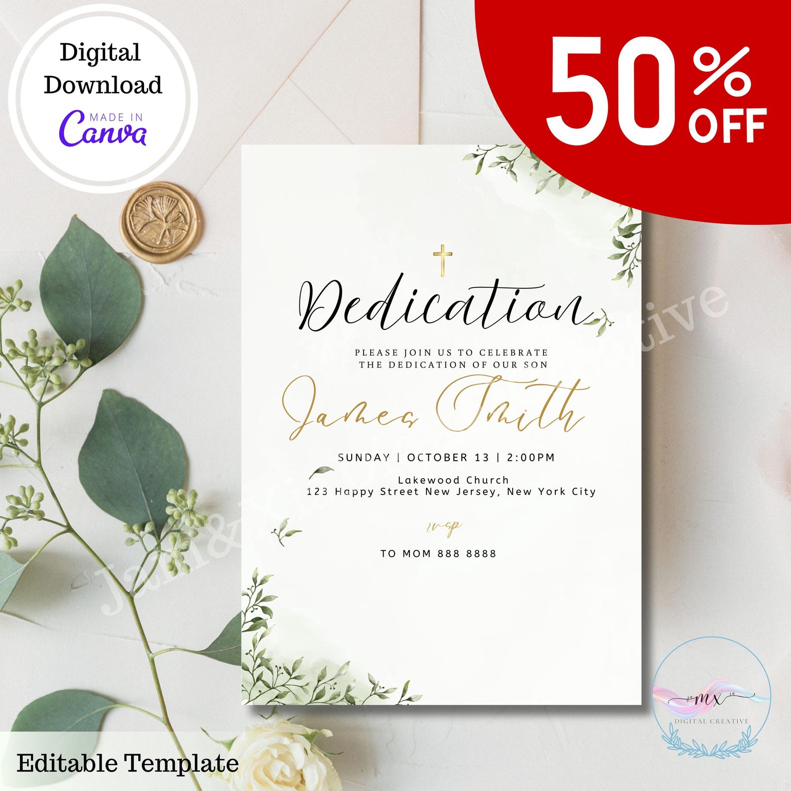 Church Invitations, Boy Dedication, Gold Dedication Invite, Template ...