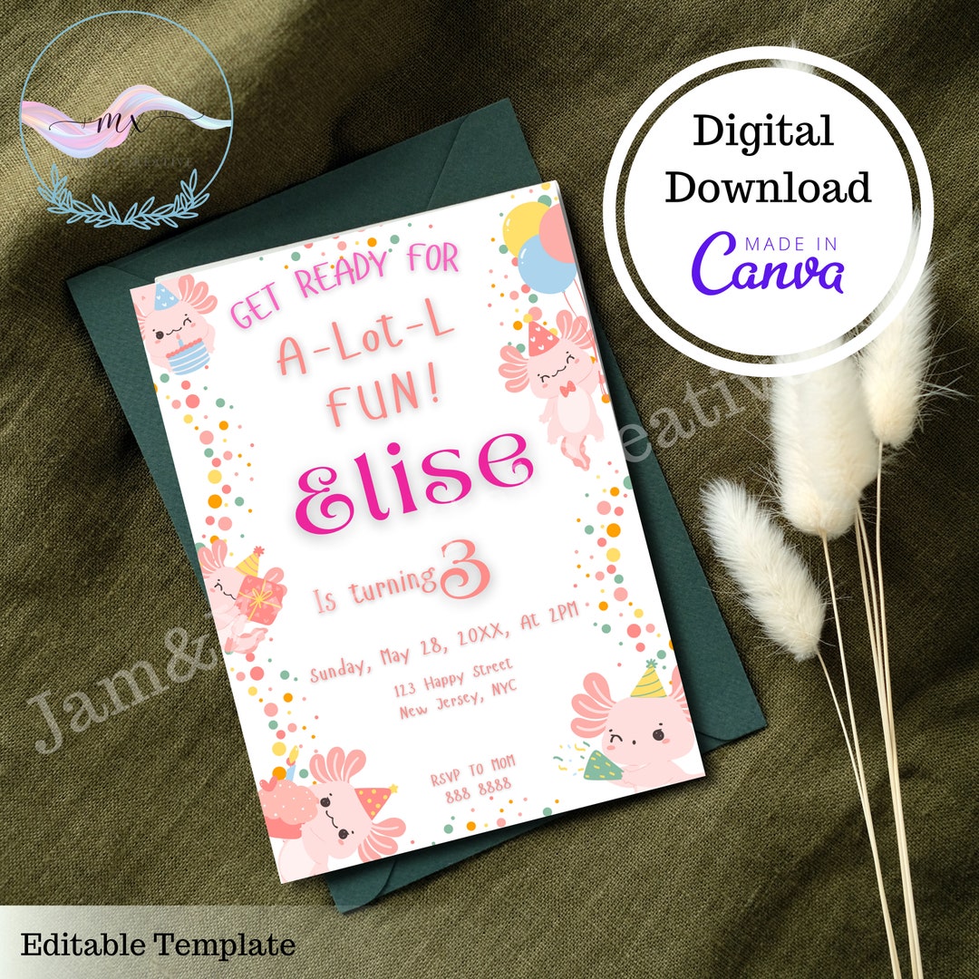 Axolotl Birthday Invitation, Magical Sea Life, EDITABLE Girl Party Invite Template, Pink Fish ...
