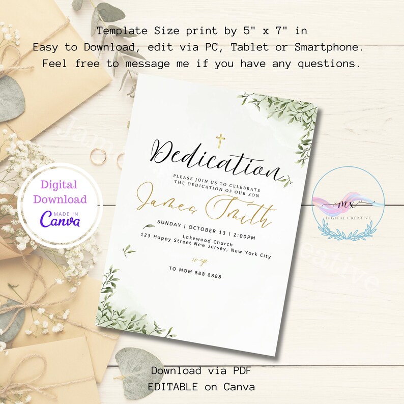 Boy Dedication Invitation: Gold Church Invite, Editable Template ...
