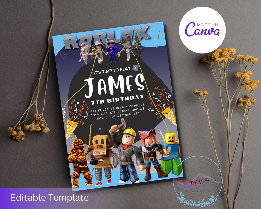Plantilla de invitación de cumpleaños de Roblox: invitación editable ...