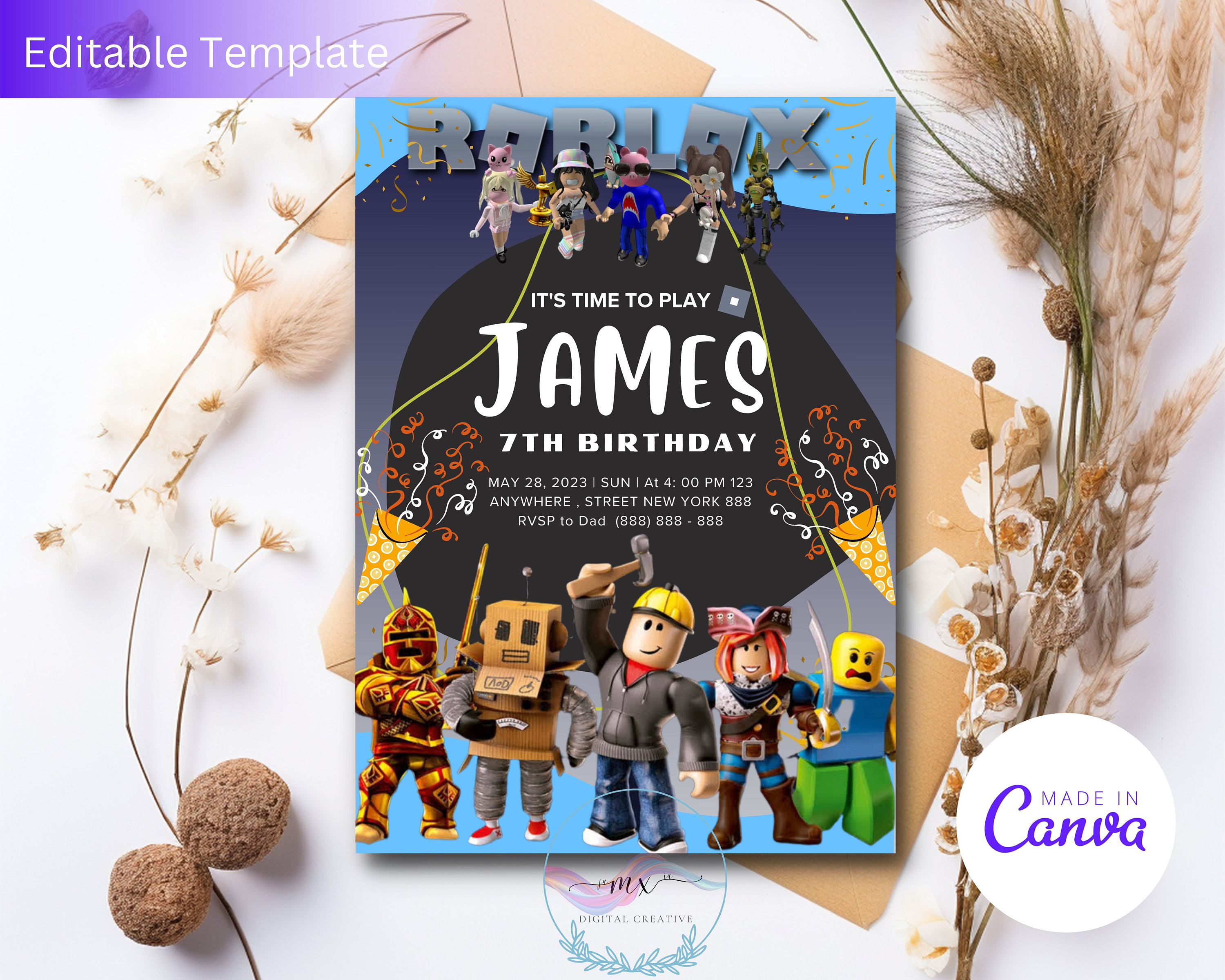 Plantilla de invitación de cumpleaños de Roblox: invitación editable ...