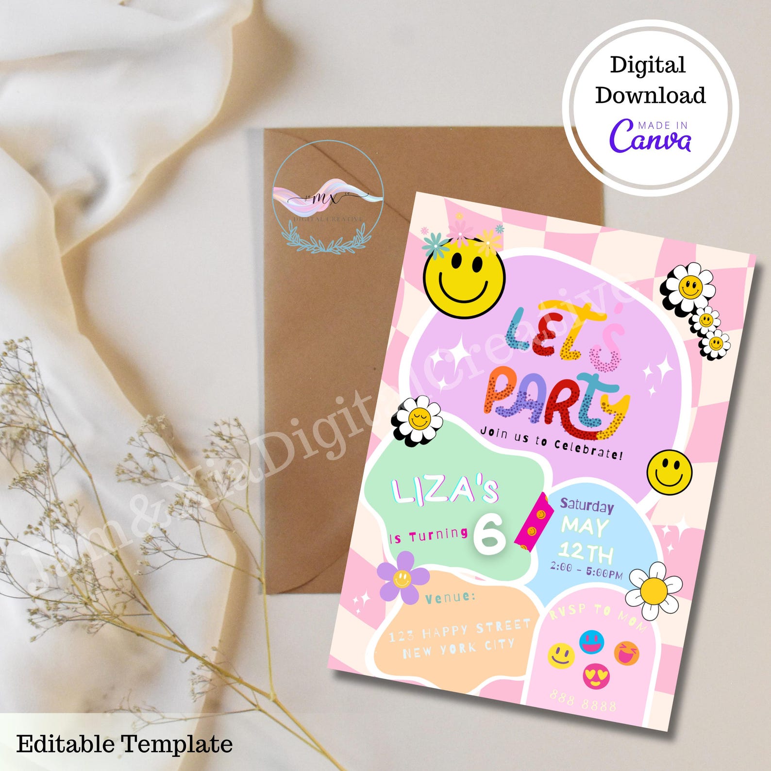 Checkered Smiley Invitation, Smiley Invitation, Smiley, Canva Template ...