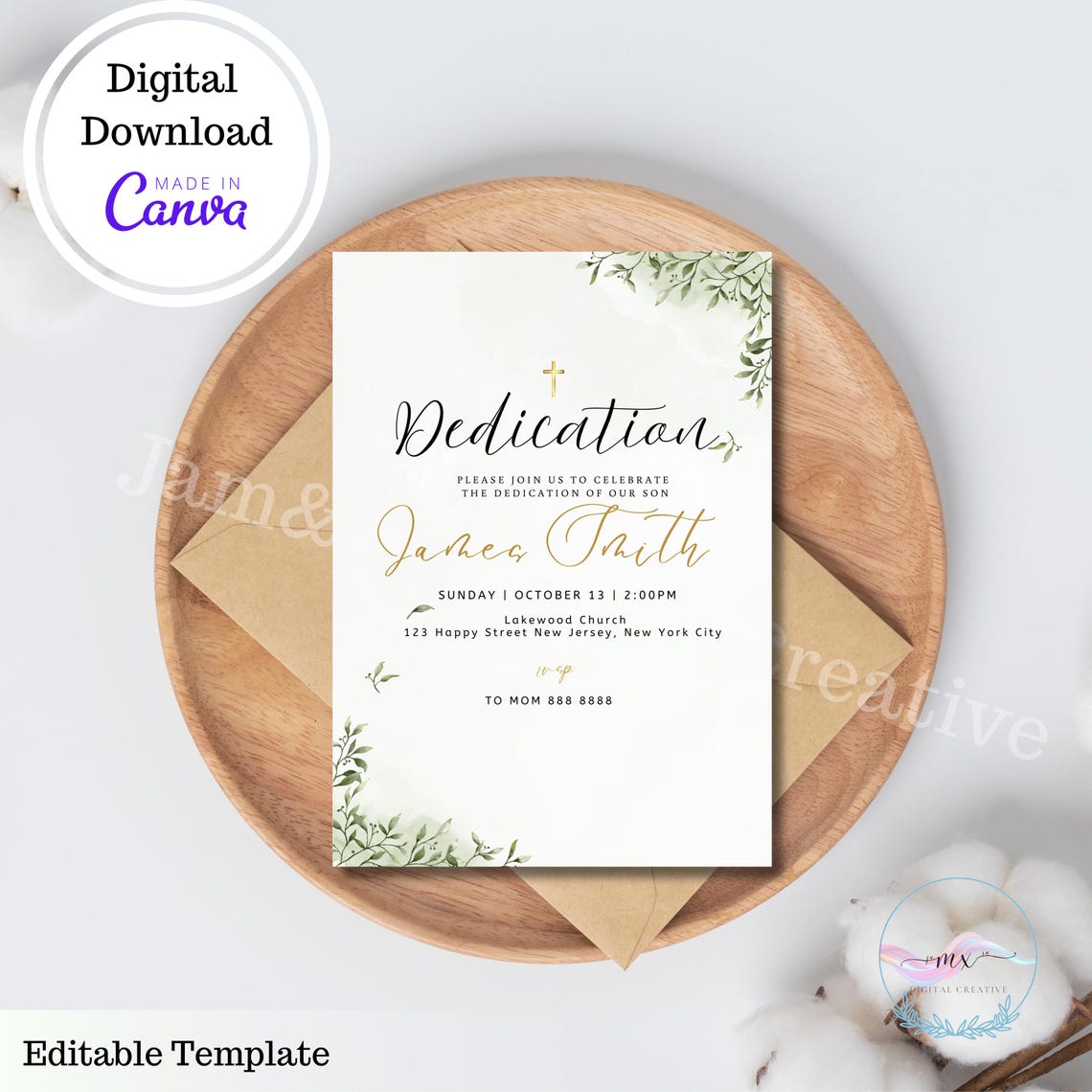 Boy Dedication Invitation: Gold Church Invite, Editable Template ...