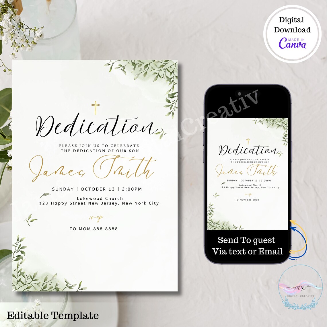 Boy Dedication Invitation: Gold Church Invite, Editable Template ...