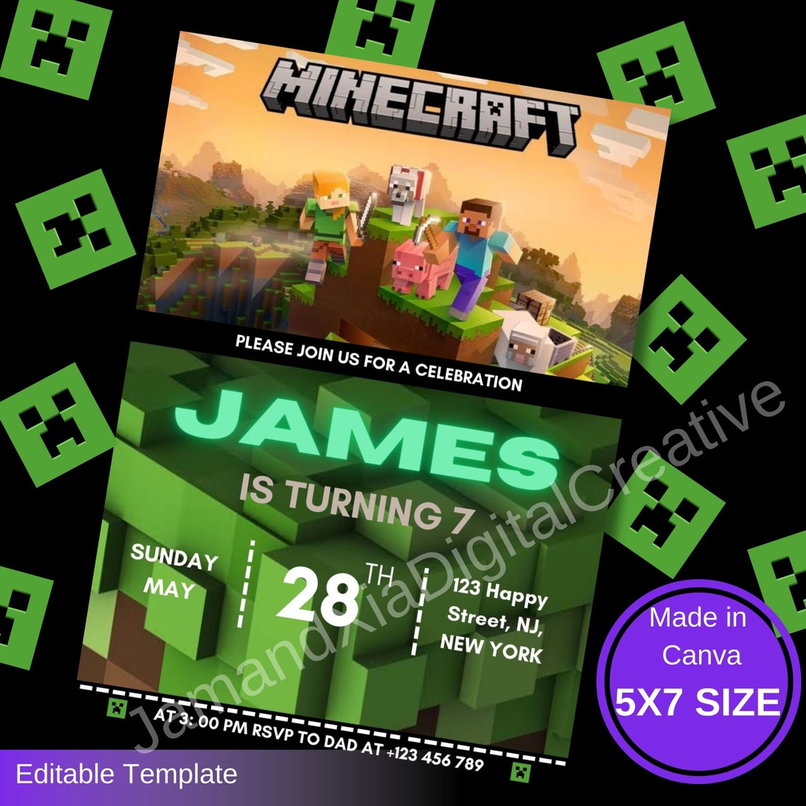 Minecraft Birthday Invitation Canva Pro Game Invitations Digital ...