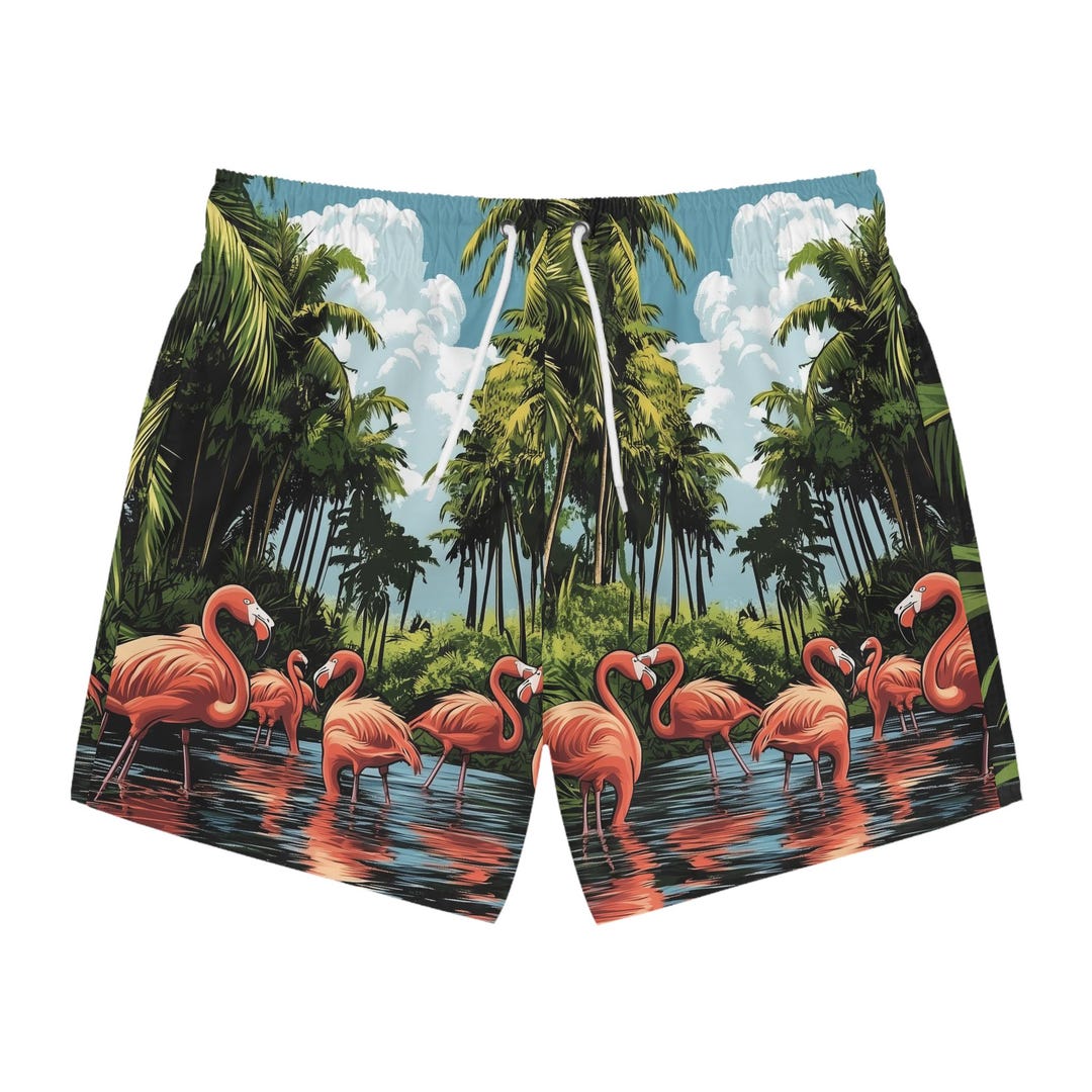Tropical Flamingo Swim Trunks, Beach Shorts for Men, Summer Swimwear ...