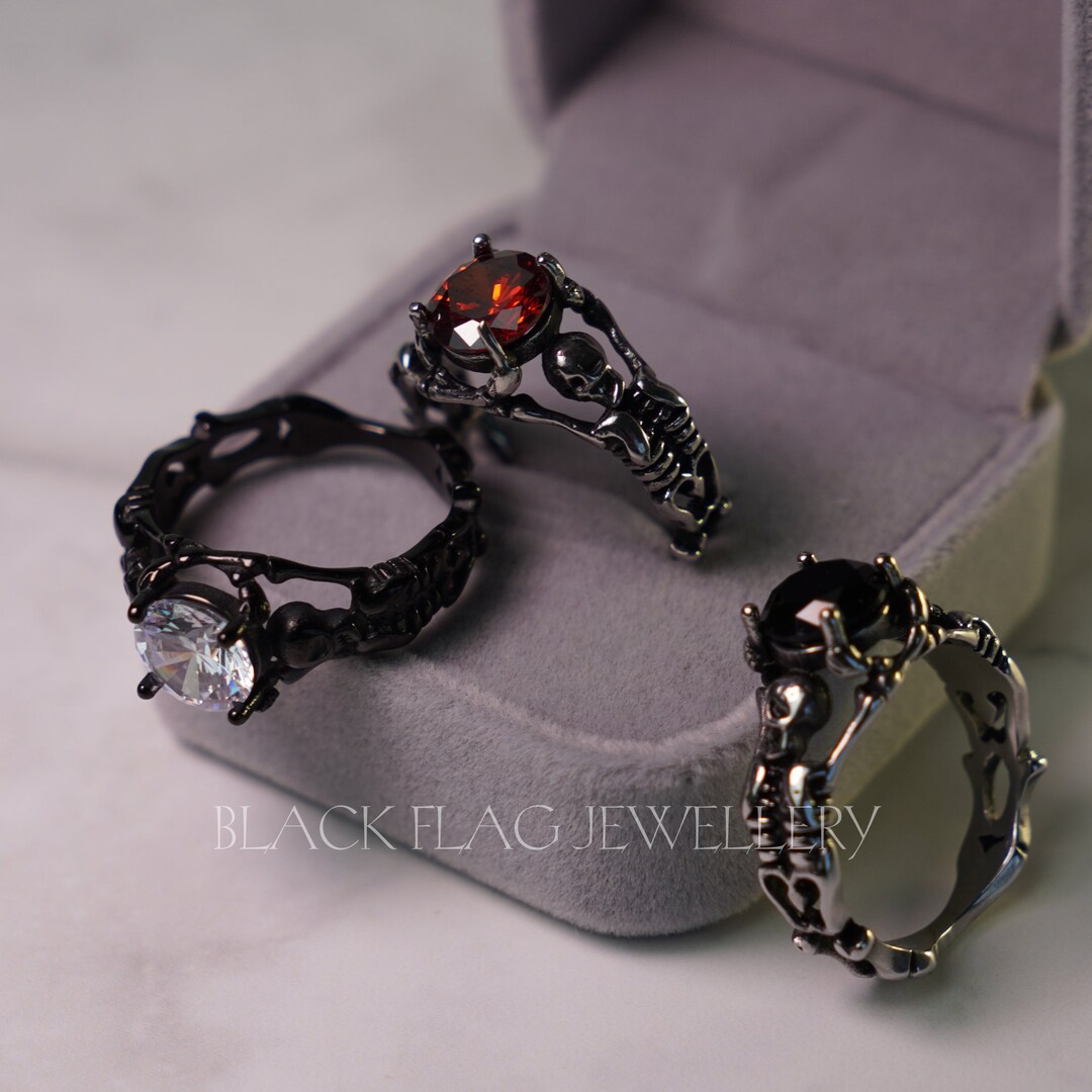 Stainless Steel Dark Skull Ring With Red Gemstone, Gothic Engagement ...