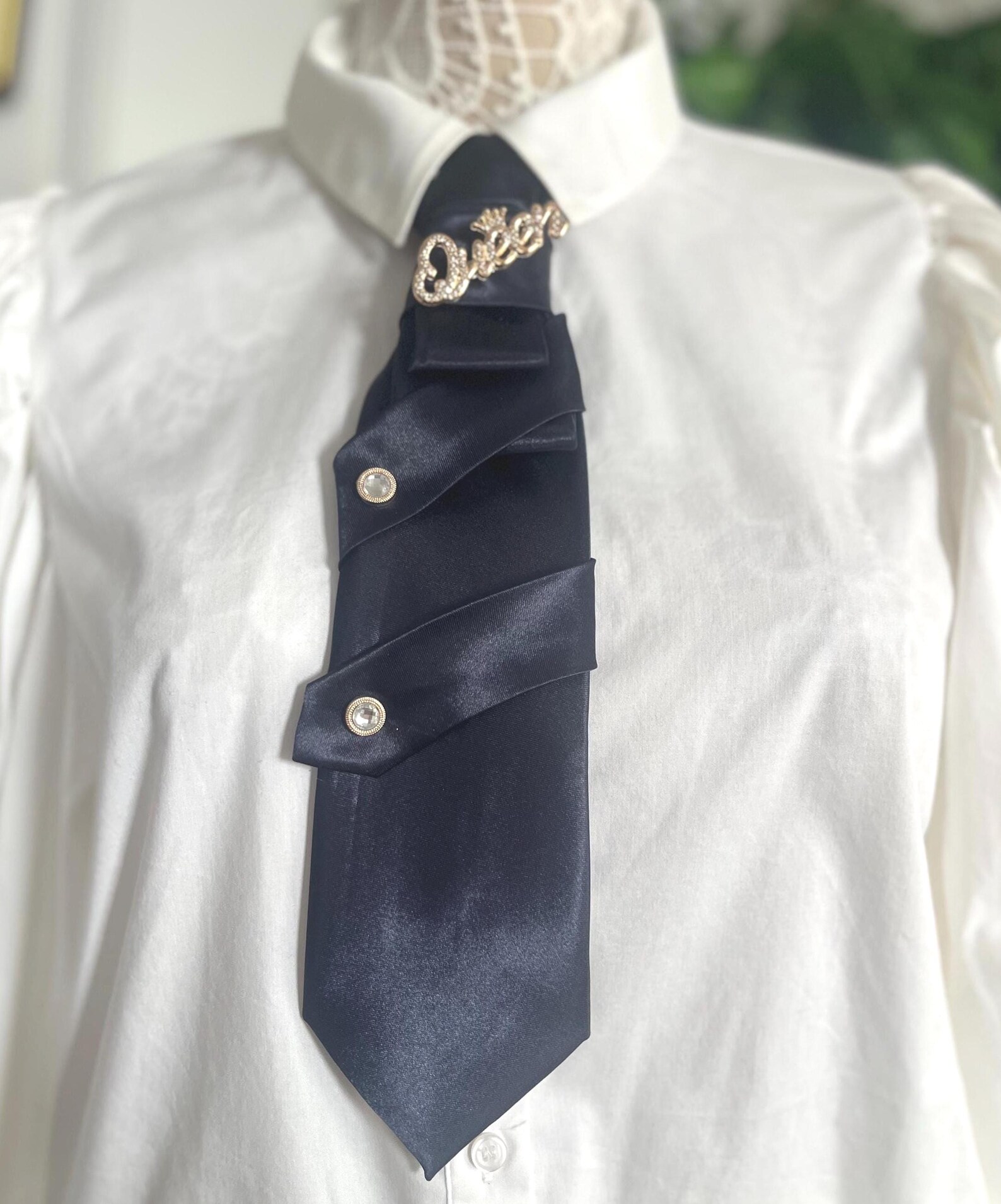 Navy Satin Women's Tie With Queen Brooch - Handmade Victorian Necktie ...