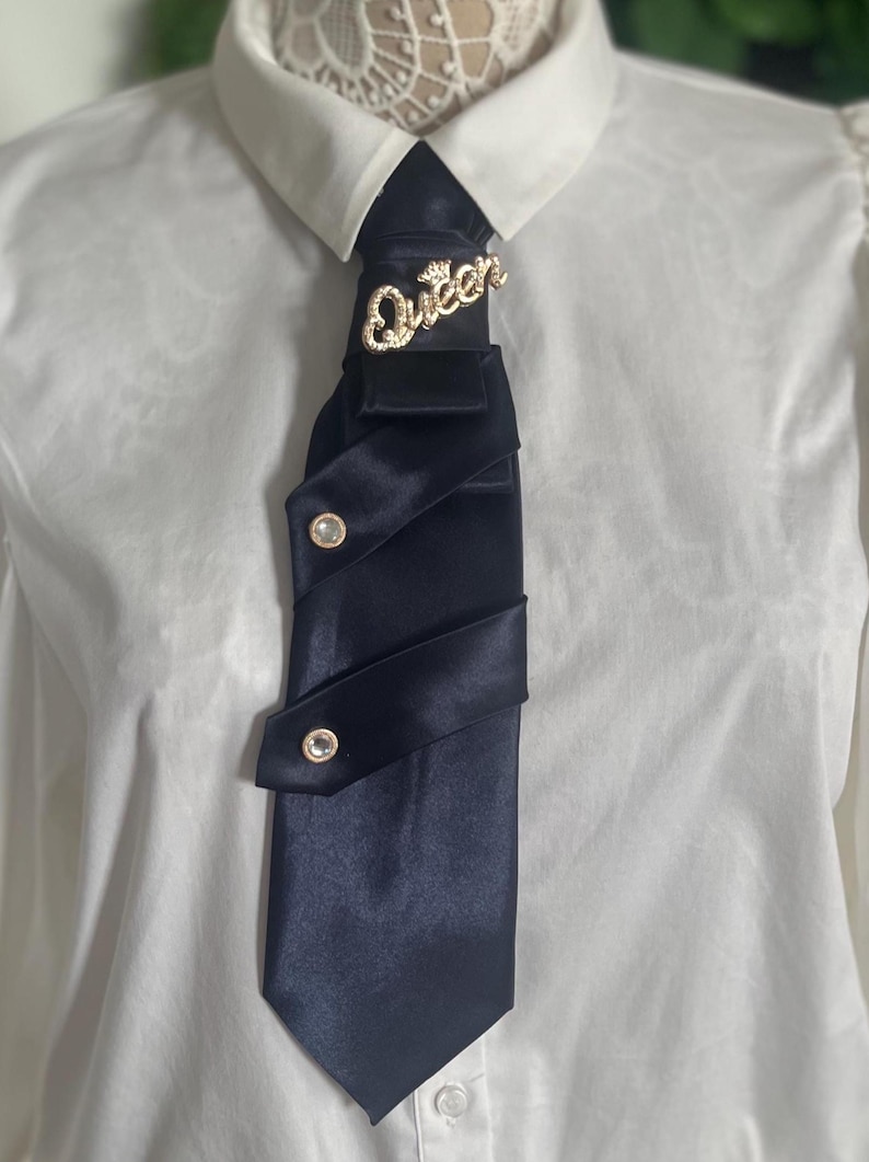 Navy Satin Women's Tie With Queen Brooch - Handmade Victorian Necktie ...