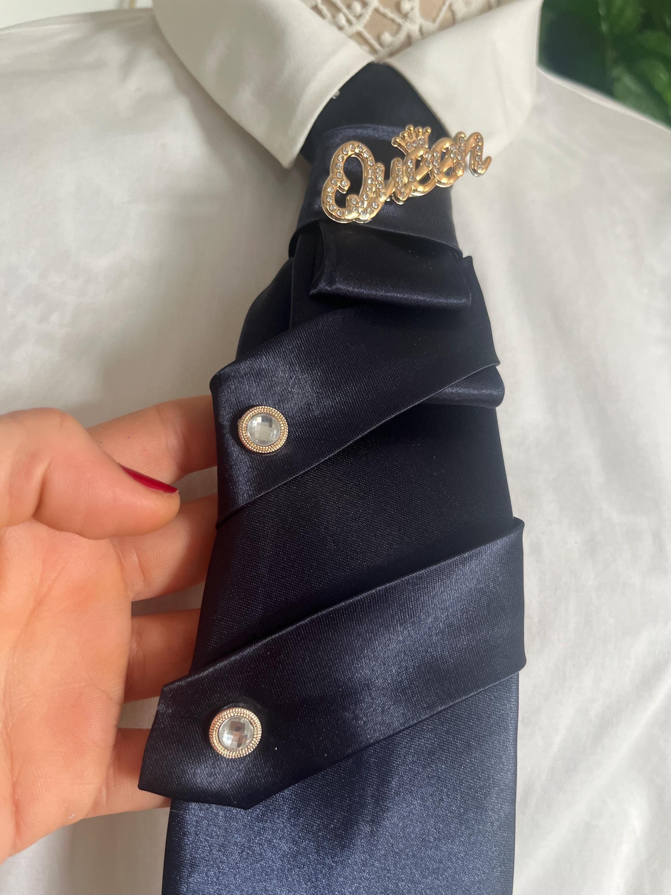 Navy Satin Women's Tie With Queen Brooch - Handmade Victorian Necktie ...