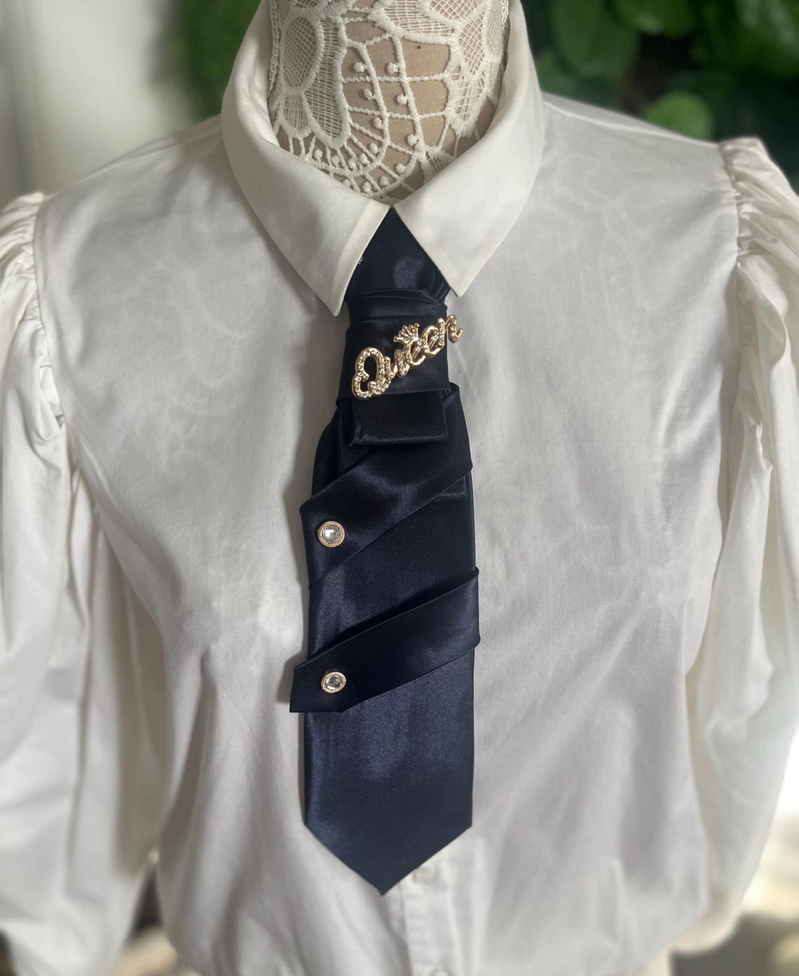 Navy Satin Women's Tie With Queen Brooch - Handmade Victorian Necktie ...