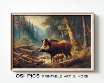Vintage Feral Hog Painting | Old Pig Print | Farmhouse Decor | Rustic ...
