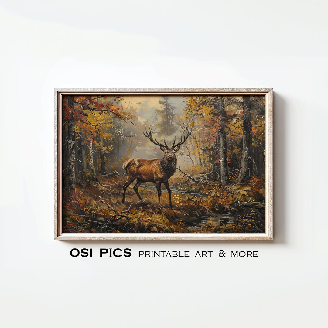 Vintage Deer Painting, Antique Red Deer Print, Rustic Deer Wall Art ...