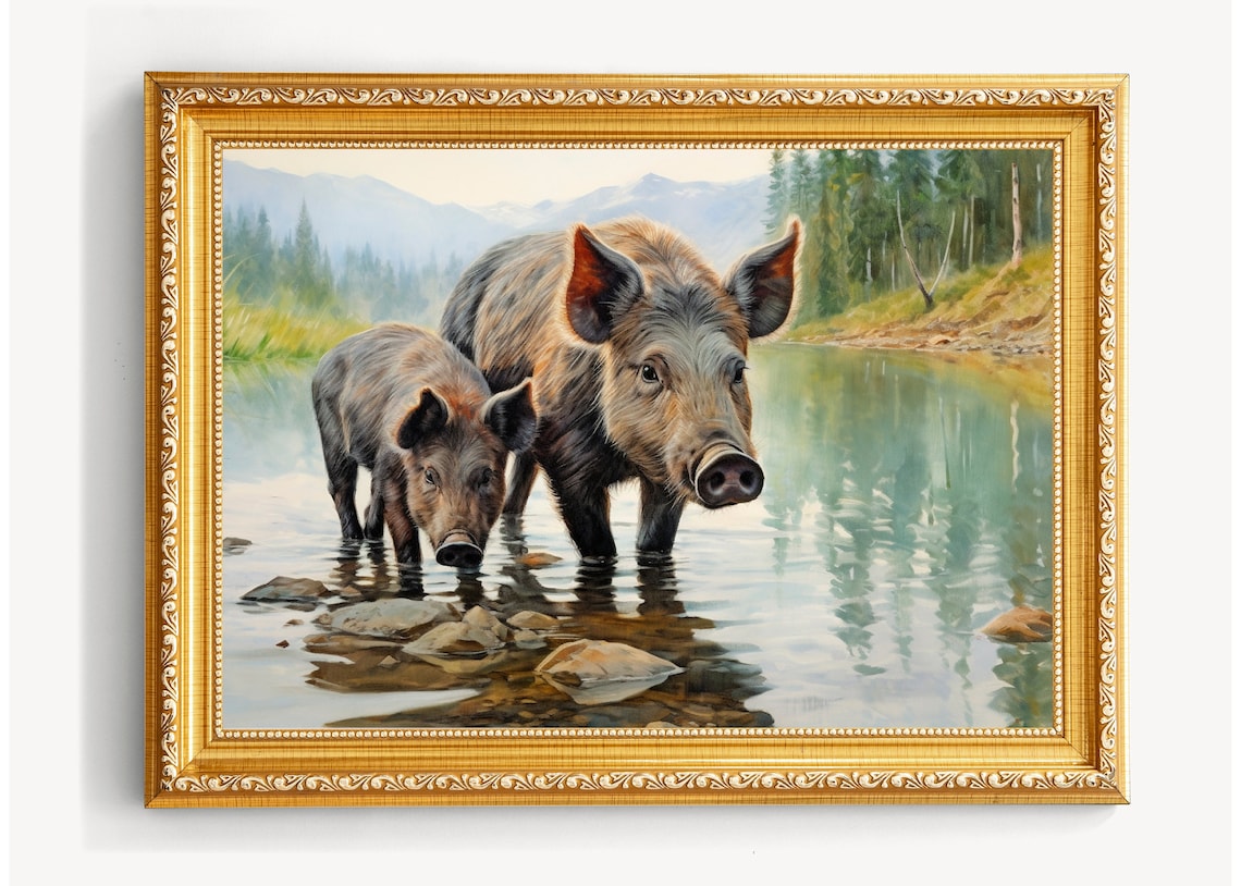 Vintage Feral Hog Painting | Old Pig Print | Farmhouse Decor | Rustic ...