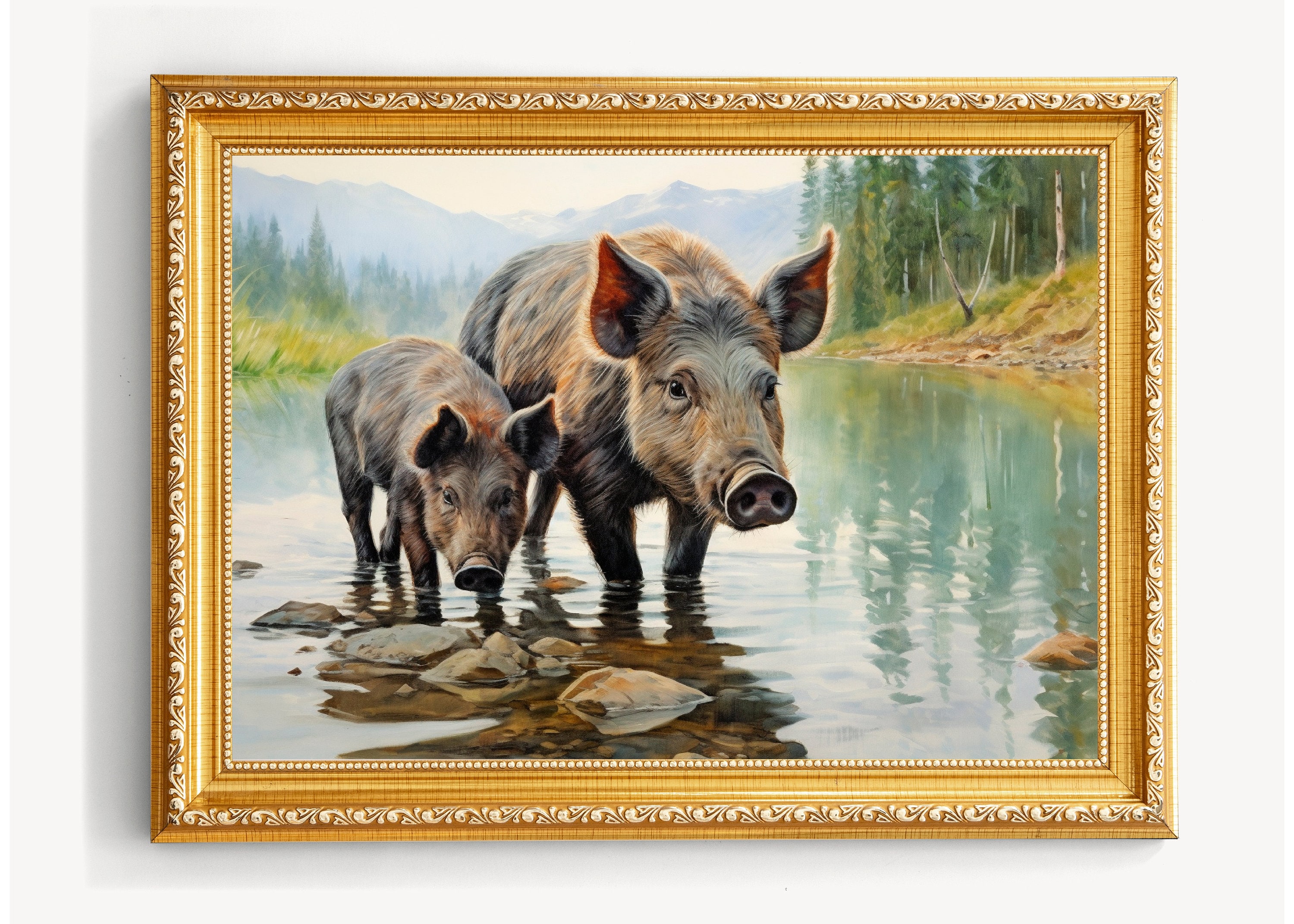 Vintage Feral Hog Painting | Old Pig Print | Farmhouse Decor | Rustic ...