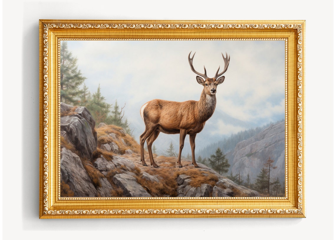 Vintage Red Deer Painting | Old Deer Print | Farmhouse Decor | Rustic ...