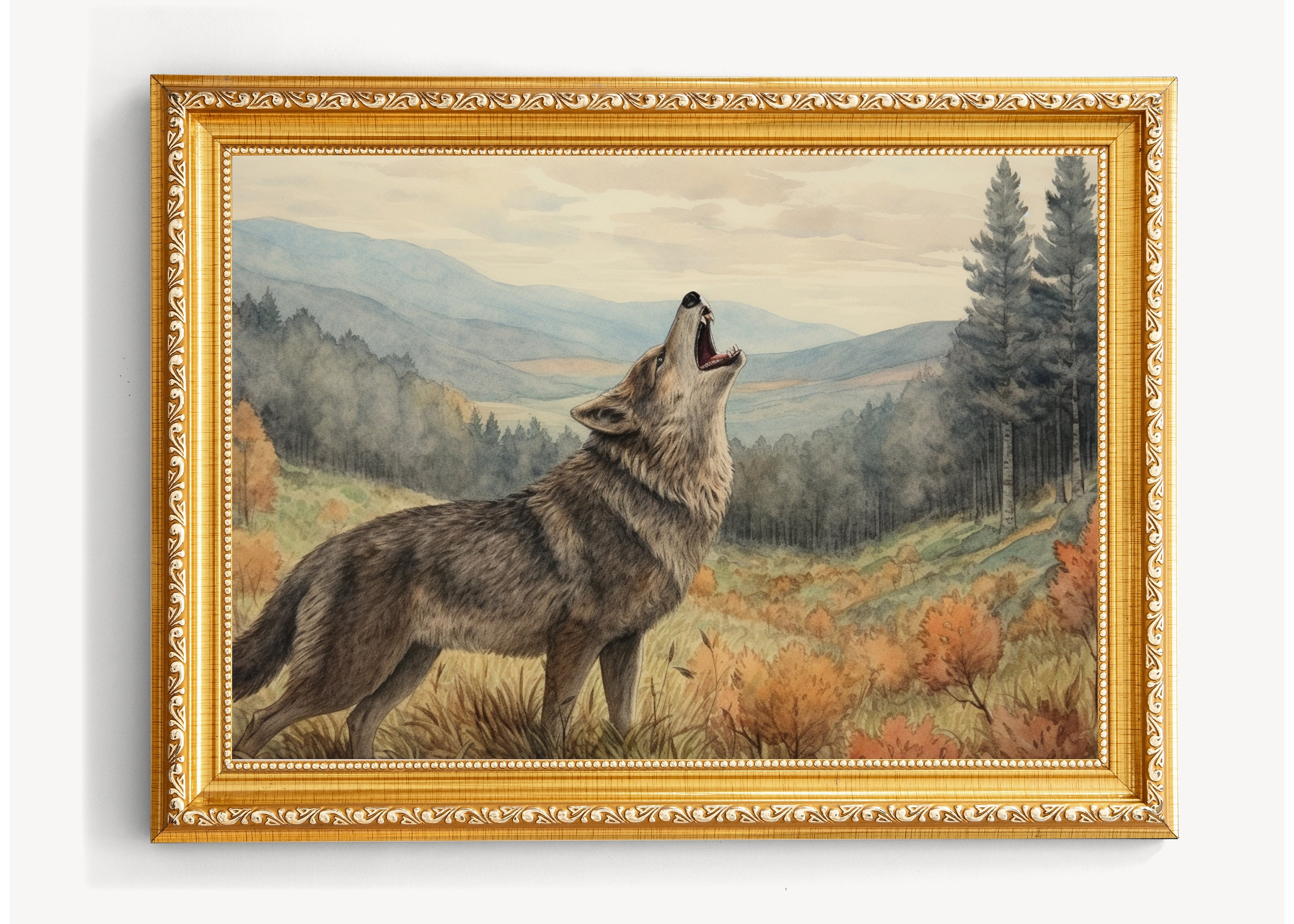 Vintage Wolf Painting Howling Wolf Print Farmhouse Decor Rustic Fine ...
