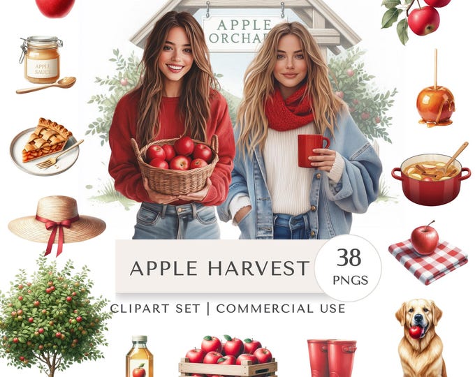 Apple Orchard Watercolor Clipart Bundle: Fall Farmhouse PNG Graphics ...