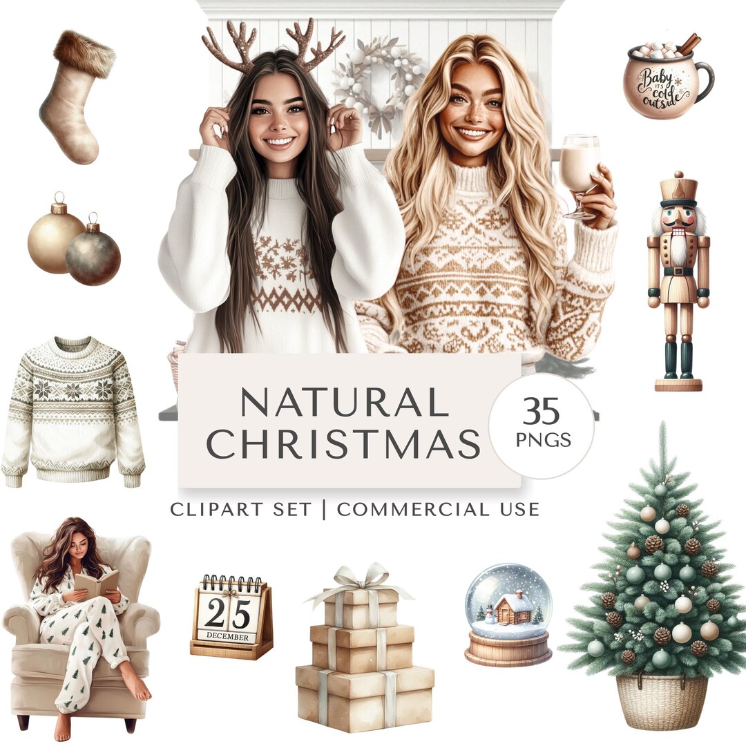 Natural Christmas Clipart Set | 35 Pngs | Cosy Holiday Decor, Rustic ...