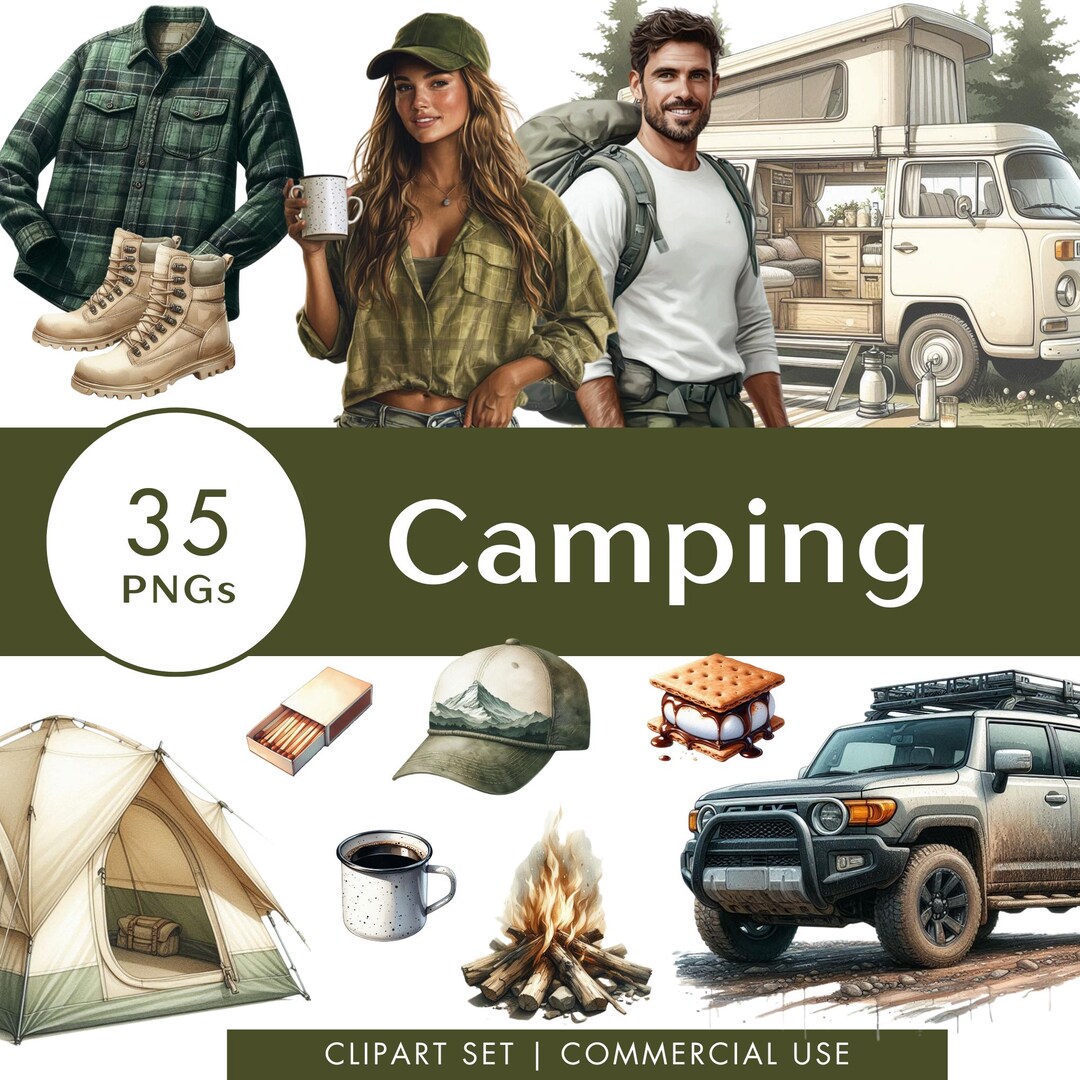 Camping Clipart Set Adventure Watercolour Illustration Digital Stickers - Etsy
