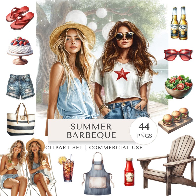 Summer BBQ Clipart Set | 44 Pngs | Backyard Cookout, Picnic, Food ...