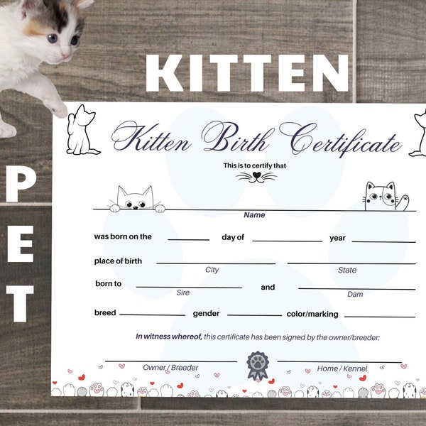 Printable Cat Birth Certificate - Etsy