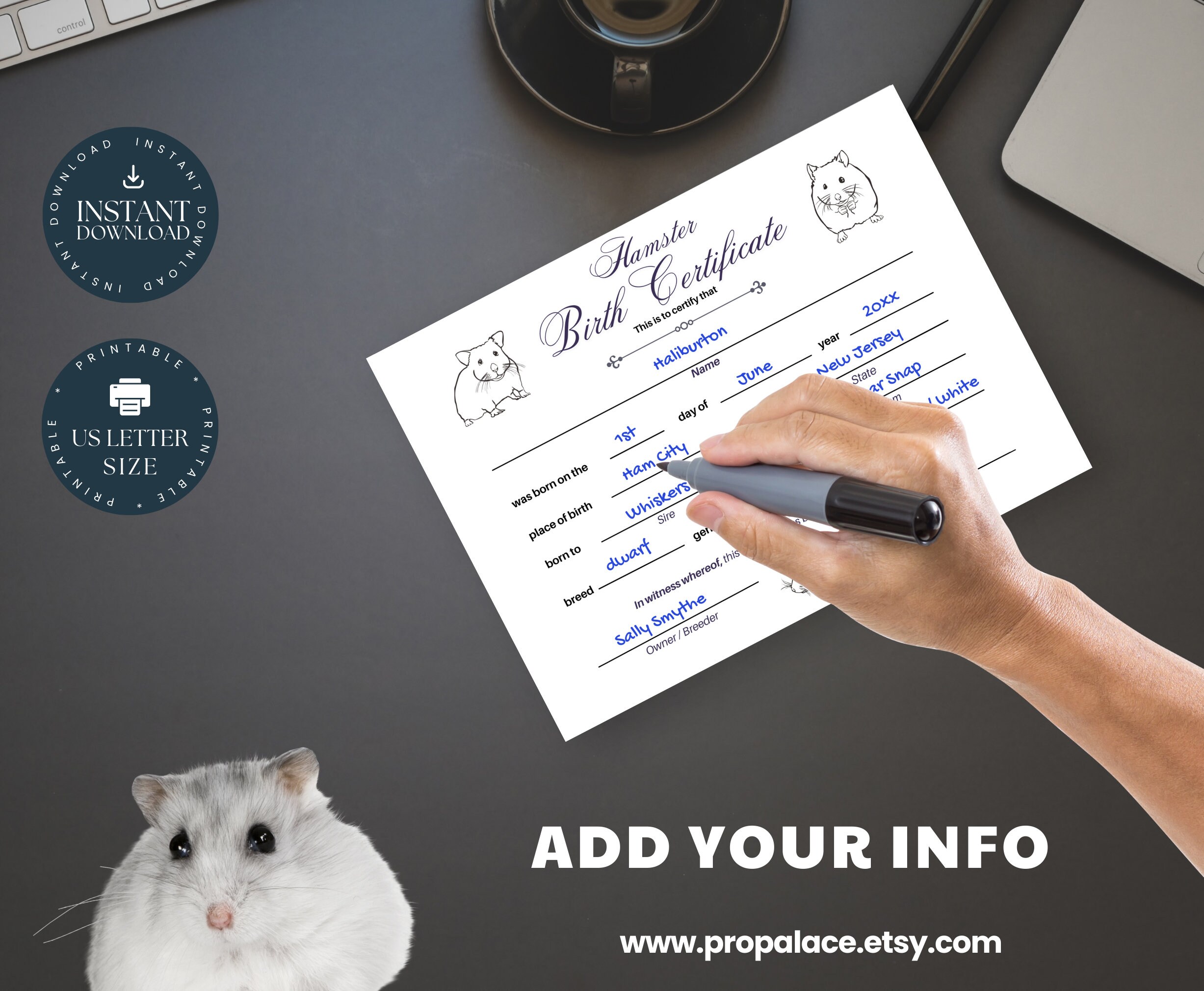 Printable * Hamster Birth Certificate – Document Write in Birth Record ...