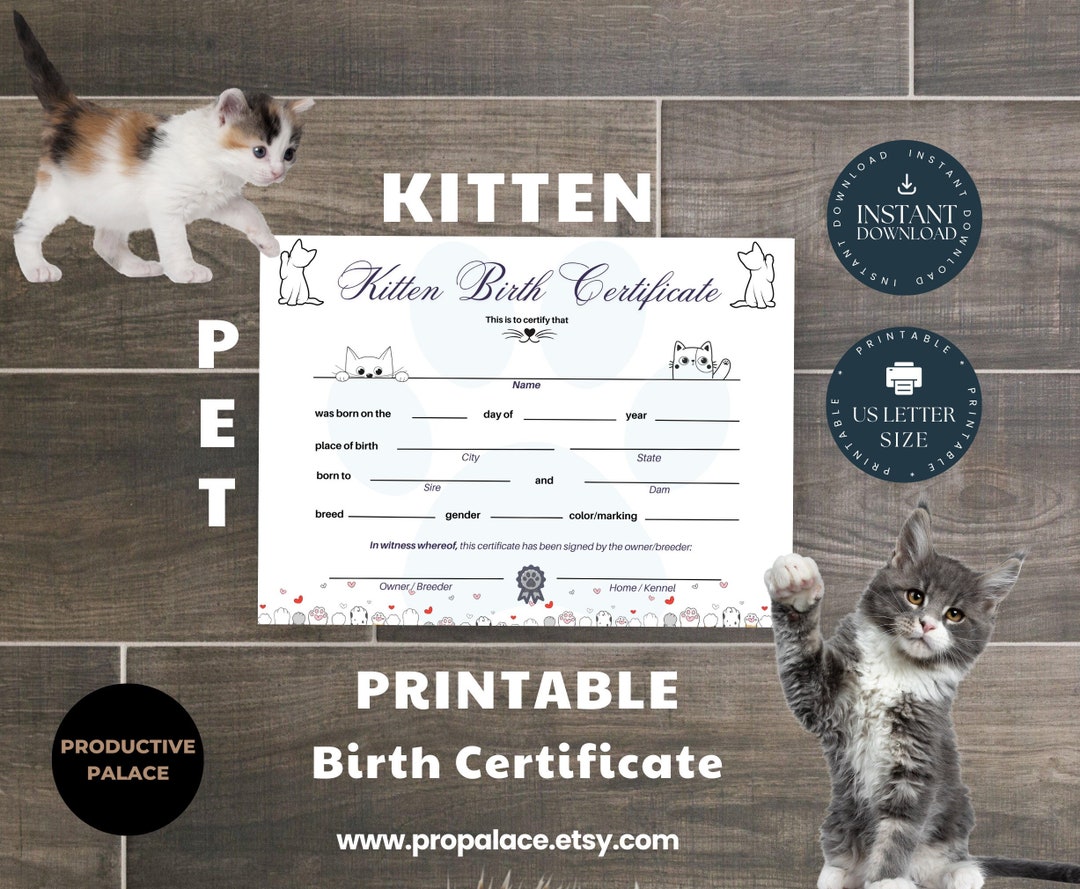 Printable * Kitten Birth Certificate – Document Write in Birth Record ...