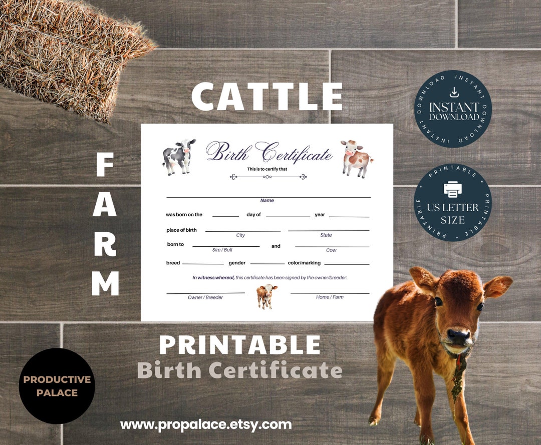 Printable * Cattle Birth Certificate – Document Birth Record, Home ...